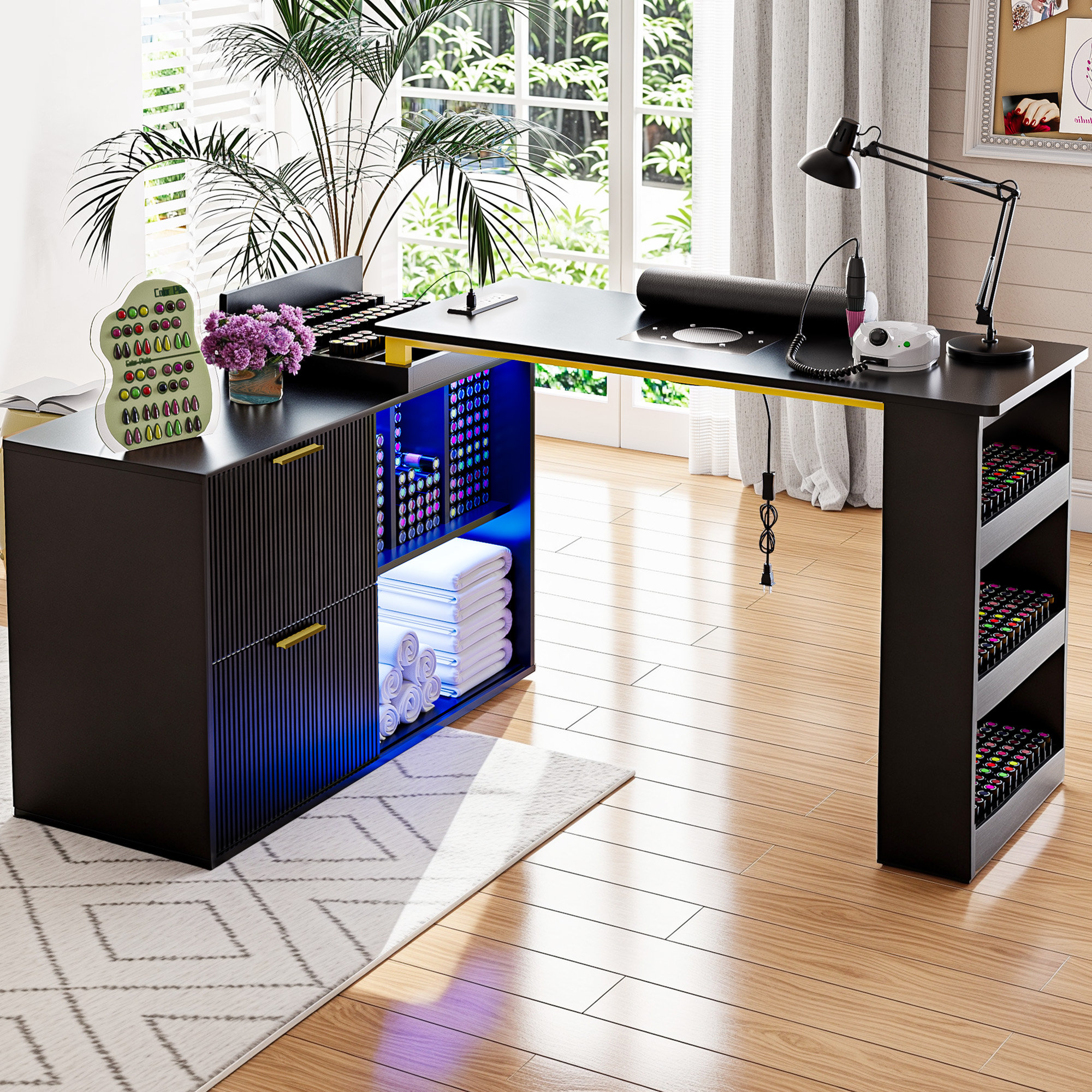 Hokku Designs Kitwana L-Shaped Manicure Table Nail Desk with Storage ...