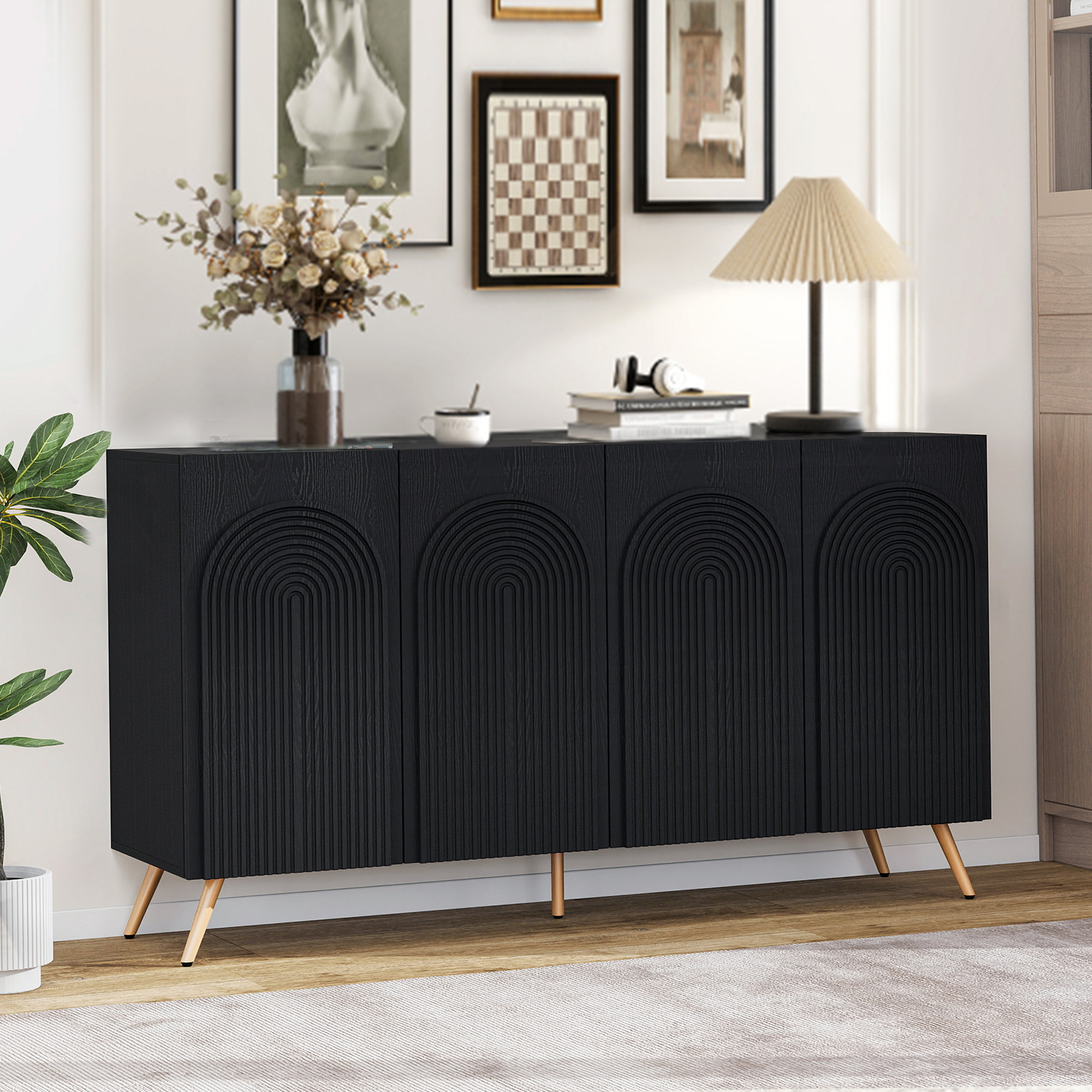 Mercer41 Arch 3D Carved 4 Door Sideboard ,Sideboard Buffet Cabinet With ...