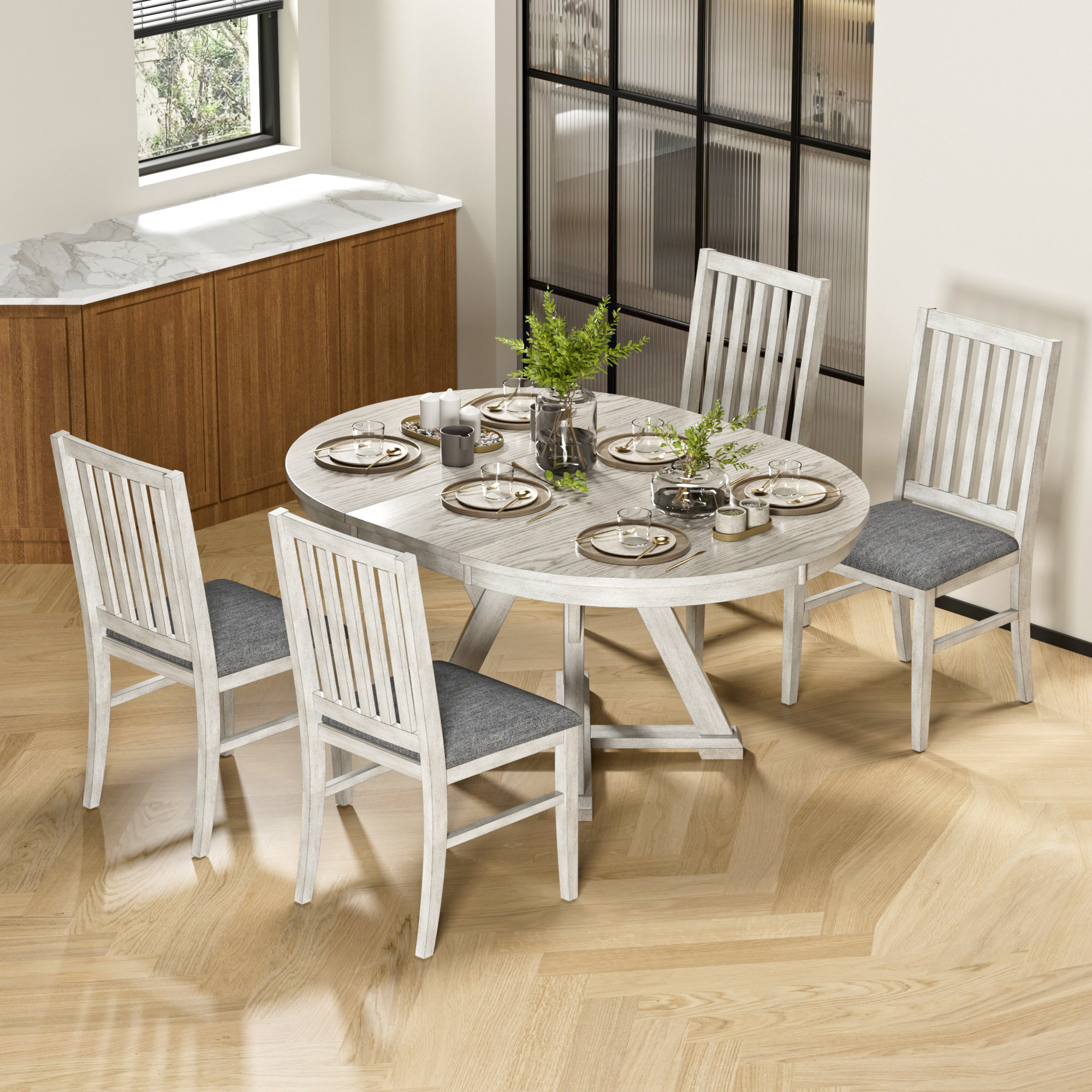 Lark Manor™ Extendable Dining Table Set with Upholstered Chairs, Solid ...