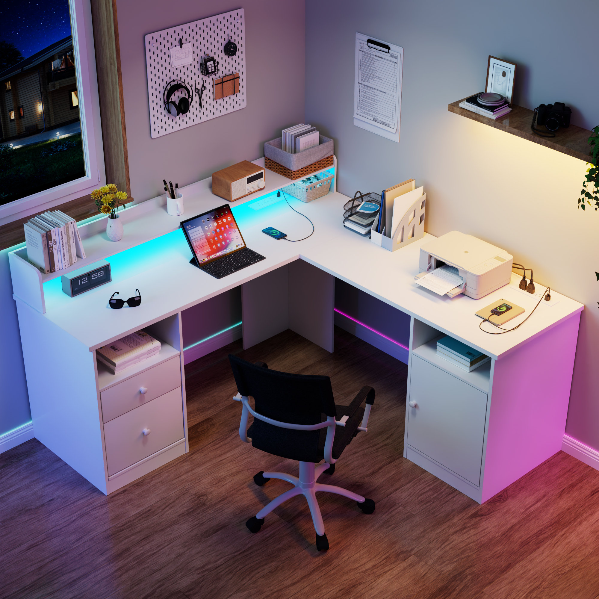 Ivy Bronx L-Shaped Computer Desk with Led Lights & Power Outlets | Wayfair