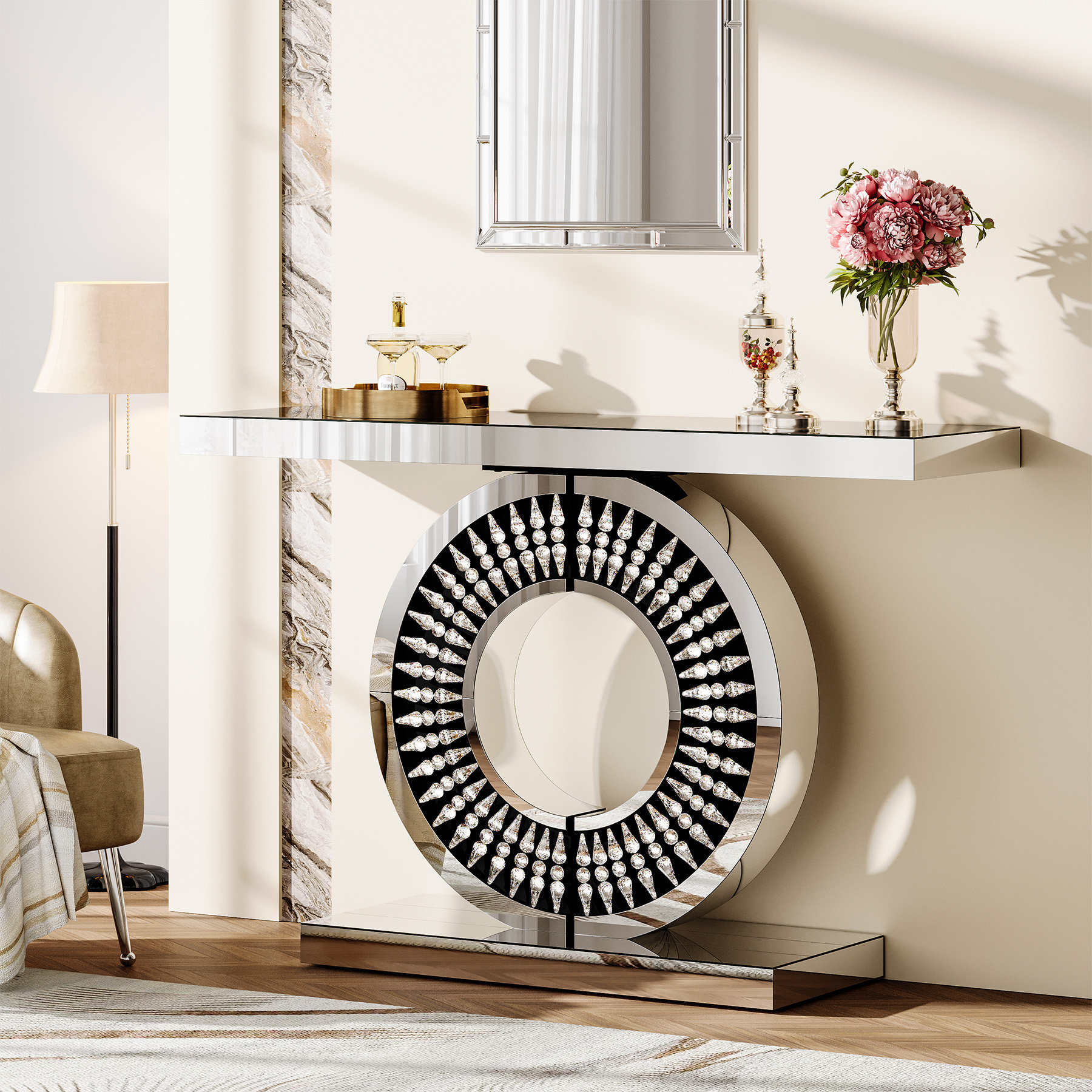 Mercer41 43.3-Inch Mirrored Console Table, Modern Entryway Table With ...