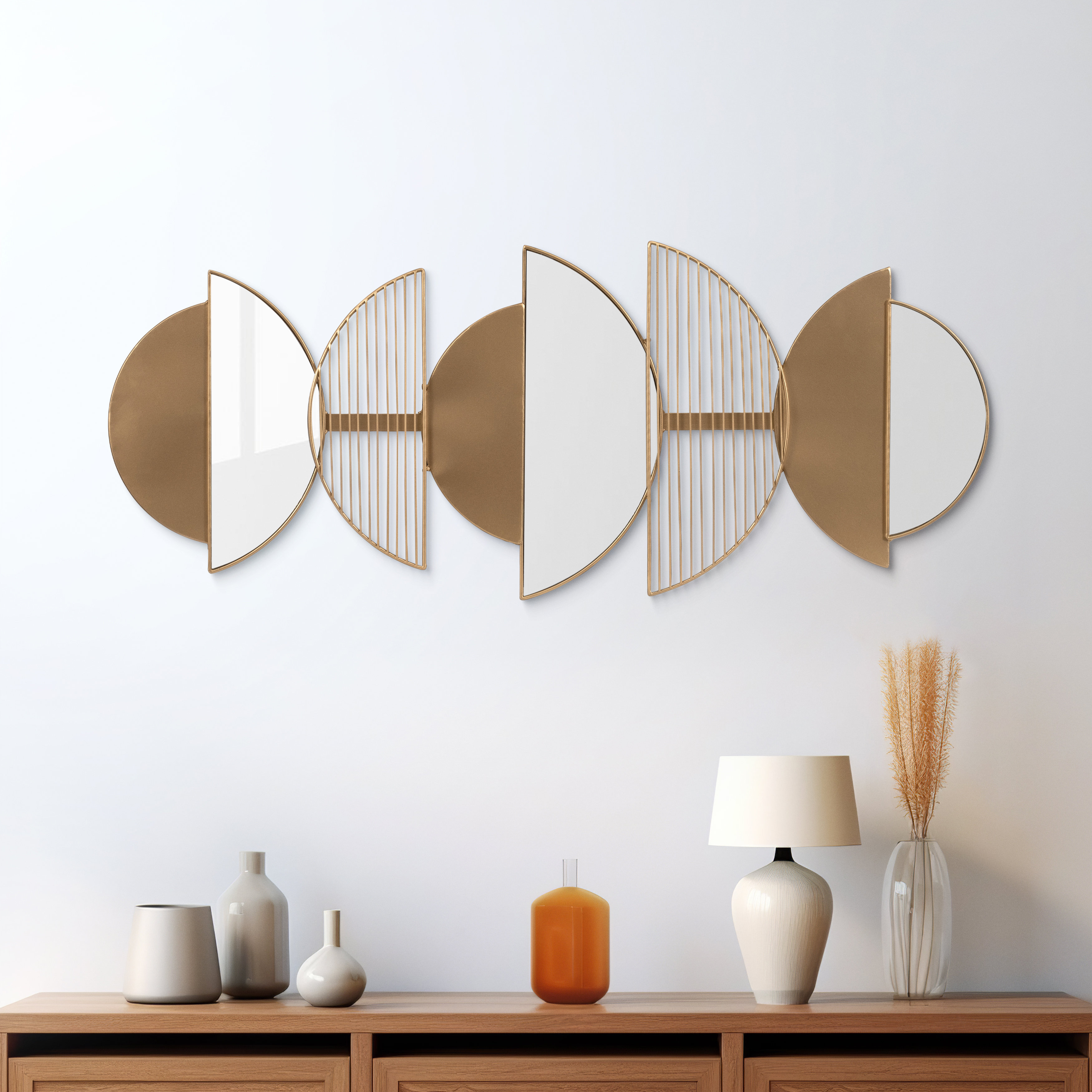 Everly Quinn Modern Neutral Metal, 36" Half Circle Mirrored Wall Decor ...
