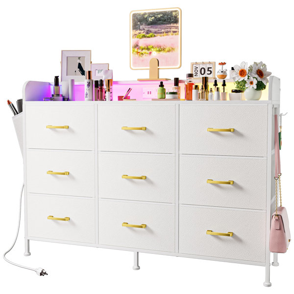 Mercer41 White Dresser for Bedroom with LED Light Charging Station, 9 ...