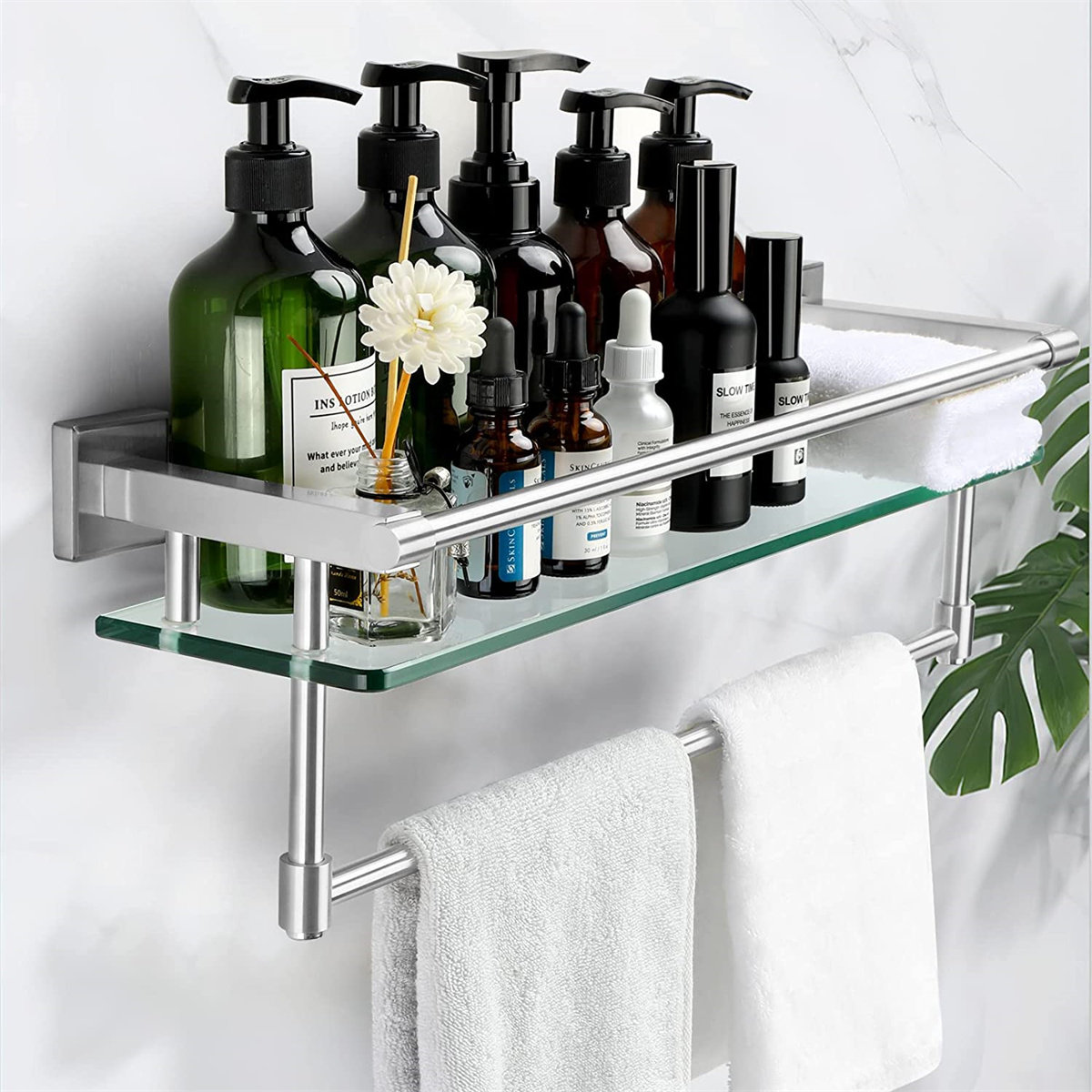 Rebrilliant Bathroom Glass Shelf Towel Rack Shelf Glass Organizer Wall ...