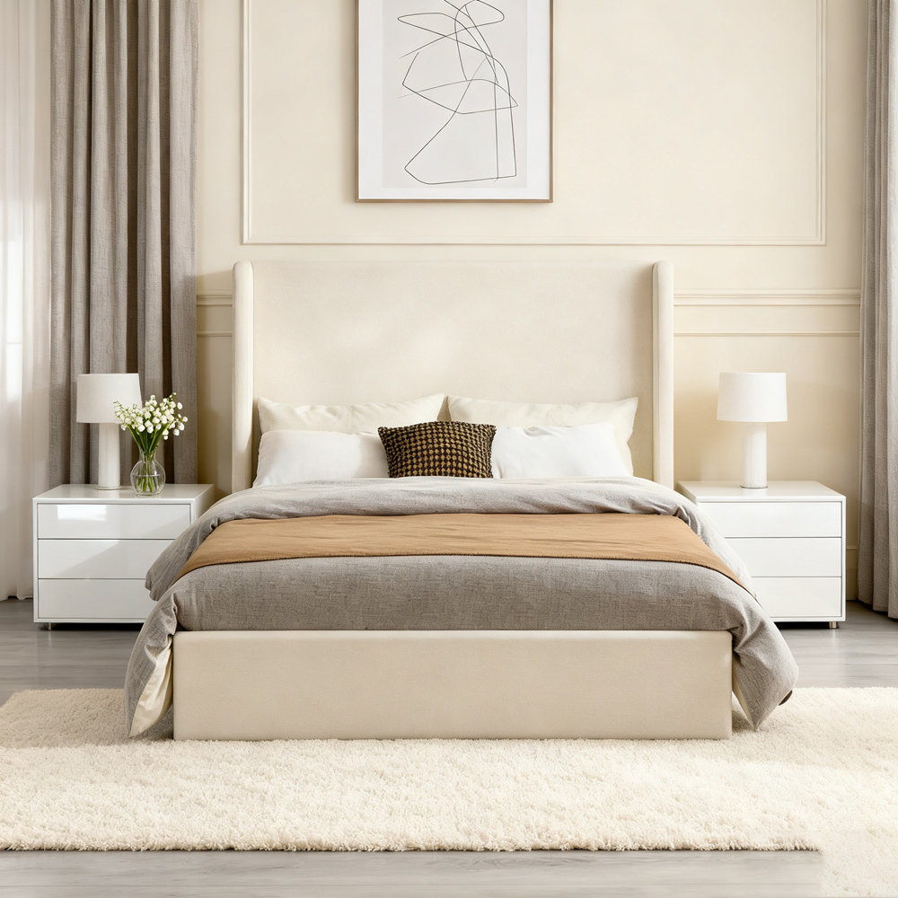 Latitude Run® Upholstered Wingback Bed With High Headboard, Textured ...