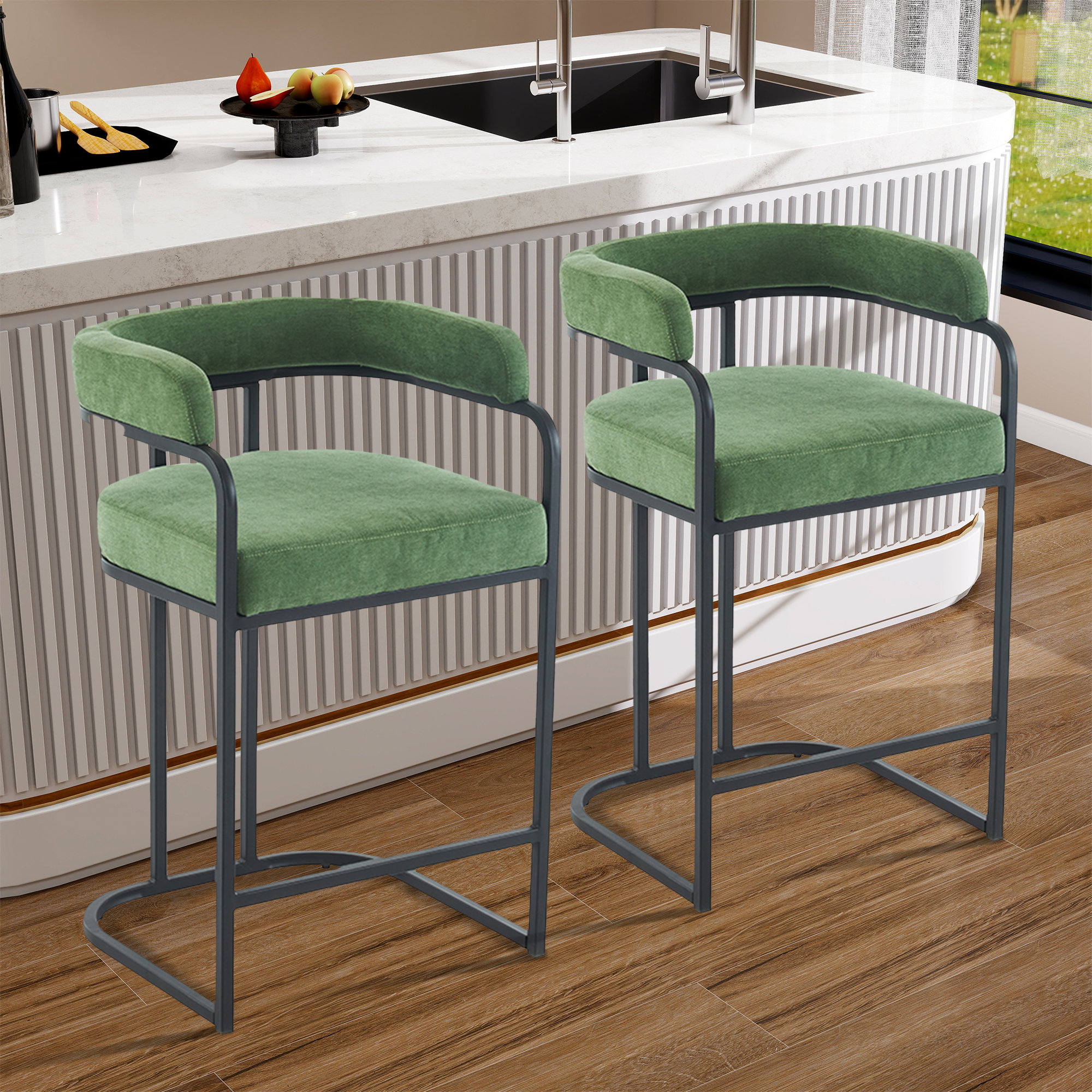 Latitude Run® Upholstered Modern Chenille Bar Stools Set Of 2 | Wayfair