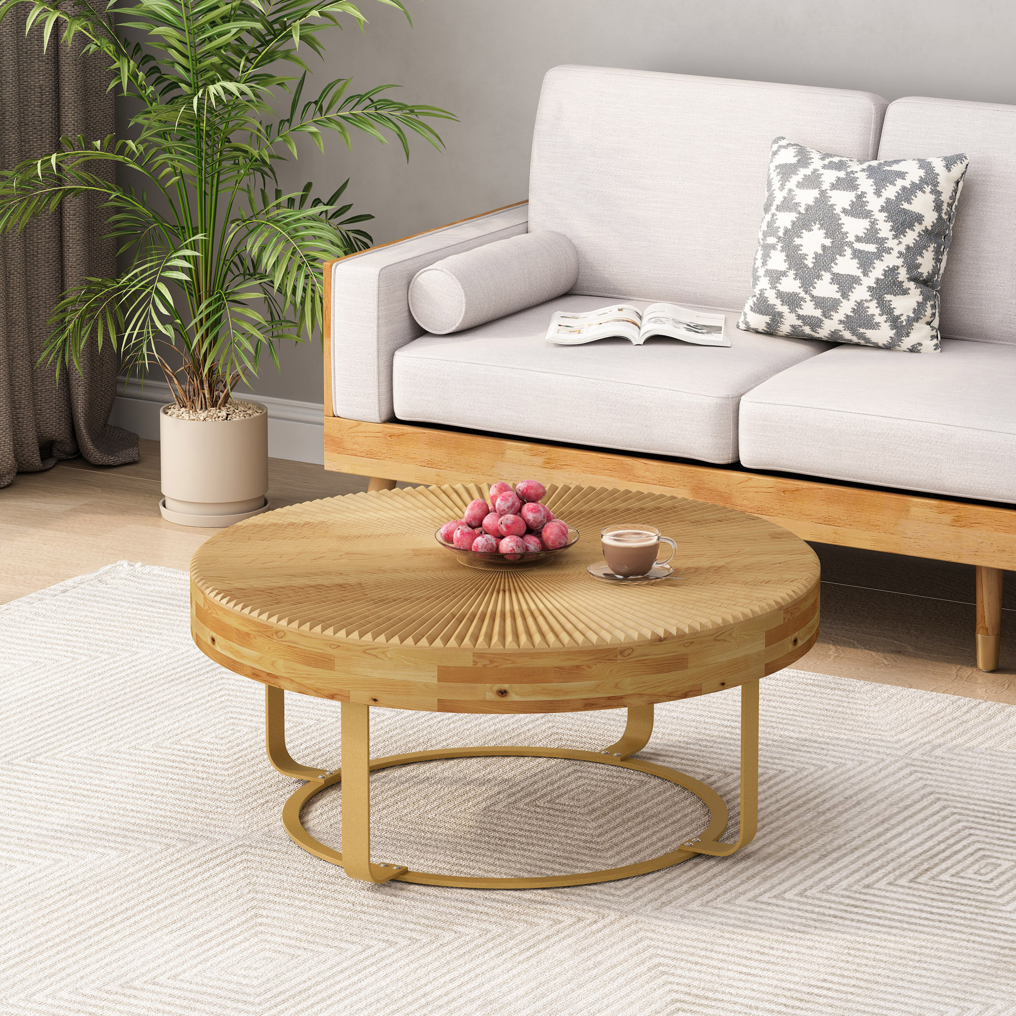 Millwood Pines Modern Round Coffee Table Wooden Carving Pattern Coffee ...