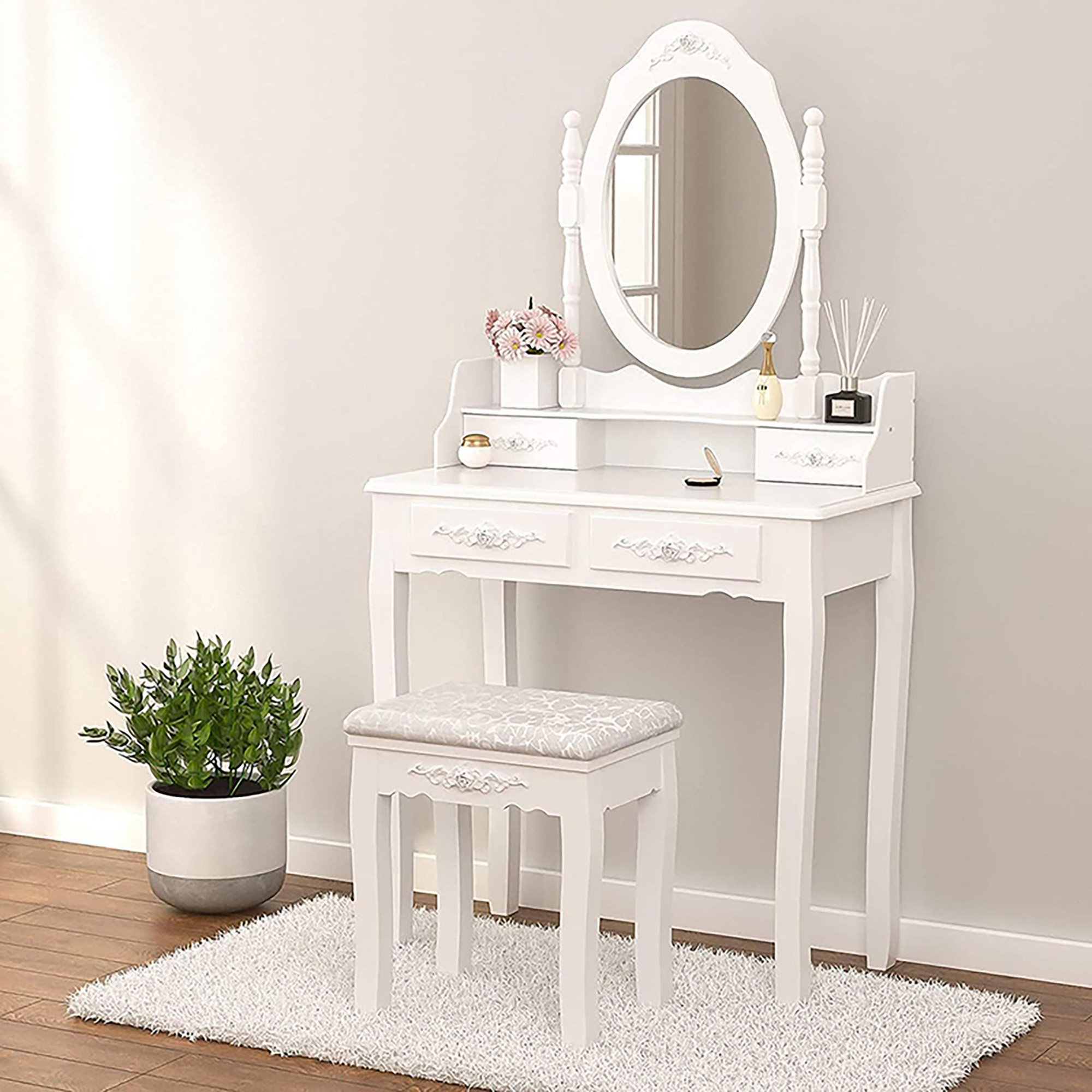House of Hampton Vanity Table Set With 4 Drawer, Makeup Dressing Table ...