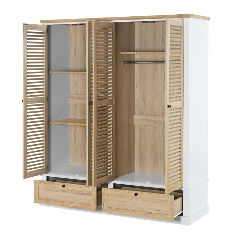 Dovecove 4 Shutter Door Wardrobe Armoire Closet with 2 Drawers, Natural ...