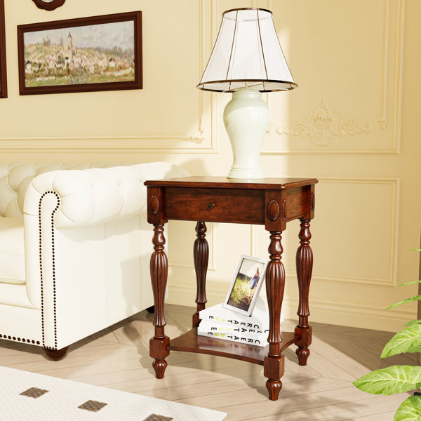 World Menagerie Deloit Solid Wood Veneer Side End Table with Drawer and ...