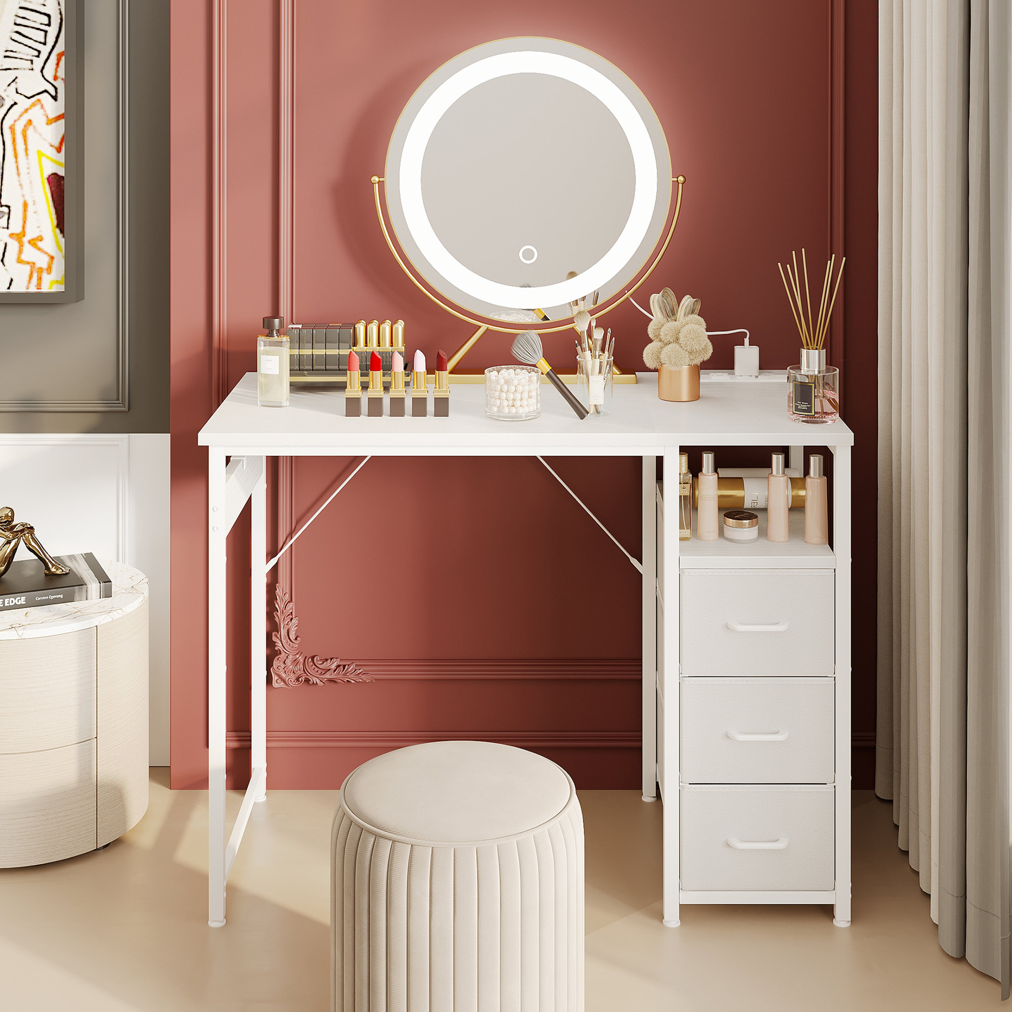 Ebern Designs Kiere Reversible Writing Desk with 3-Tier Fabric Drawers ...