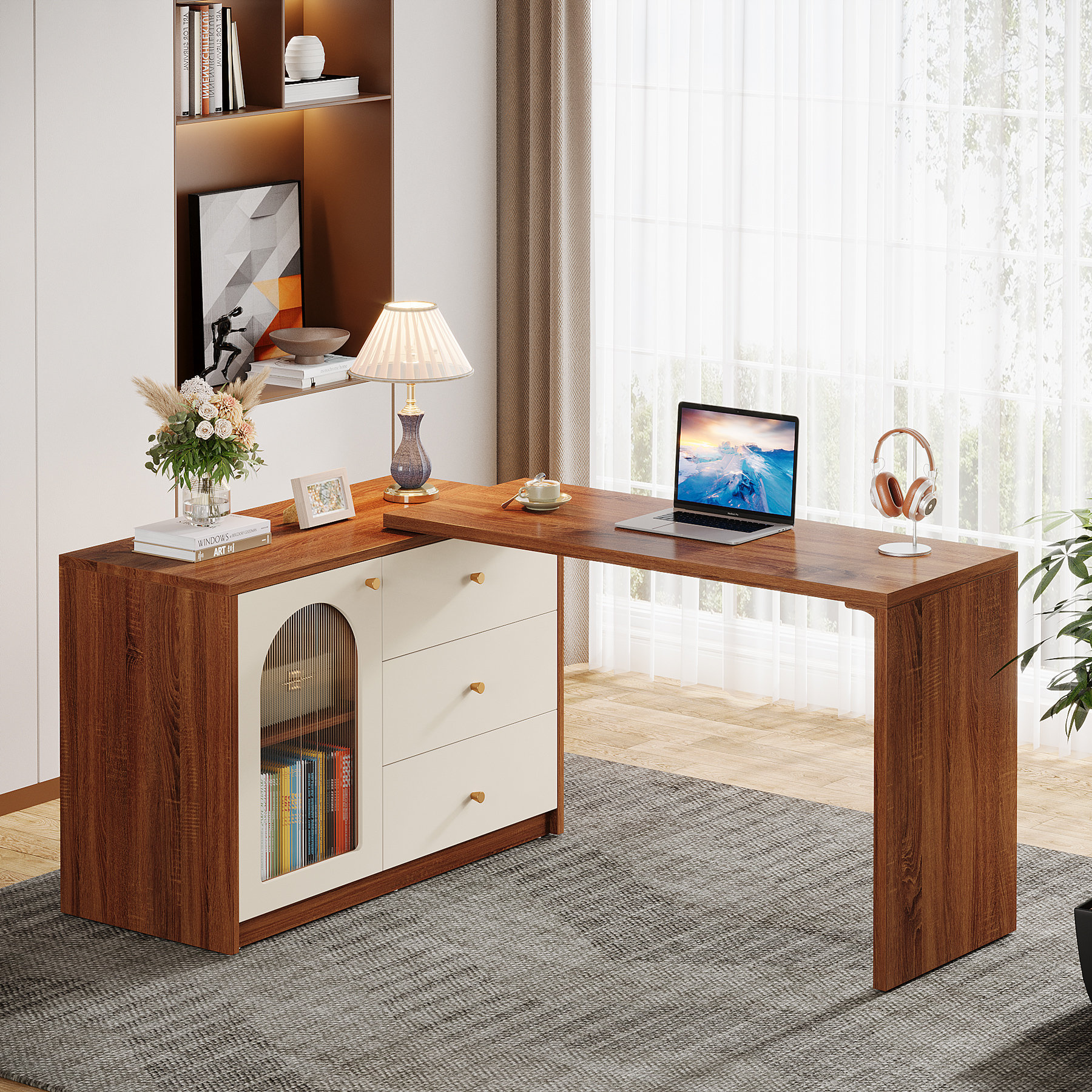 Ebern Designs L Shaped Computer Desk With Drawer Cabinet, Modern Corner ...