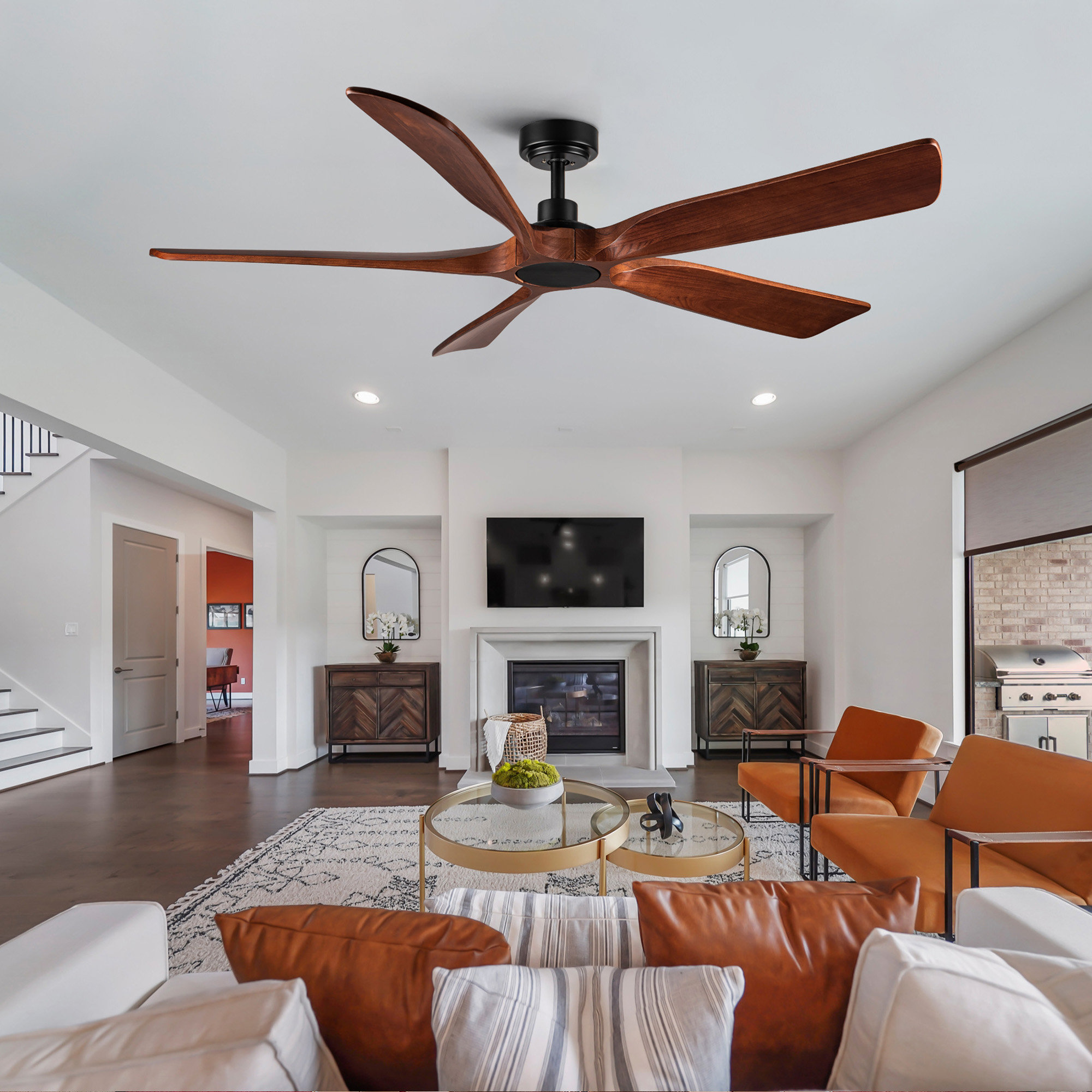 LIYU 60 in. Farmhouse Walnut Wood Ceiling Fan with Remote Control ...