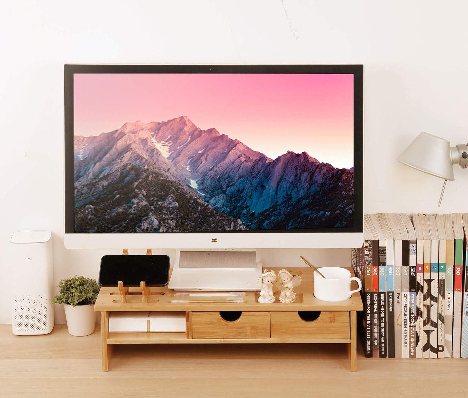 Inbox Zero Mitchal Monitor Stand Riser Desk Organizer Bamboo 2 Tier ...