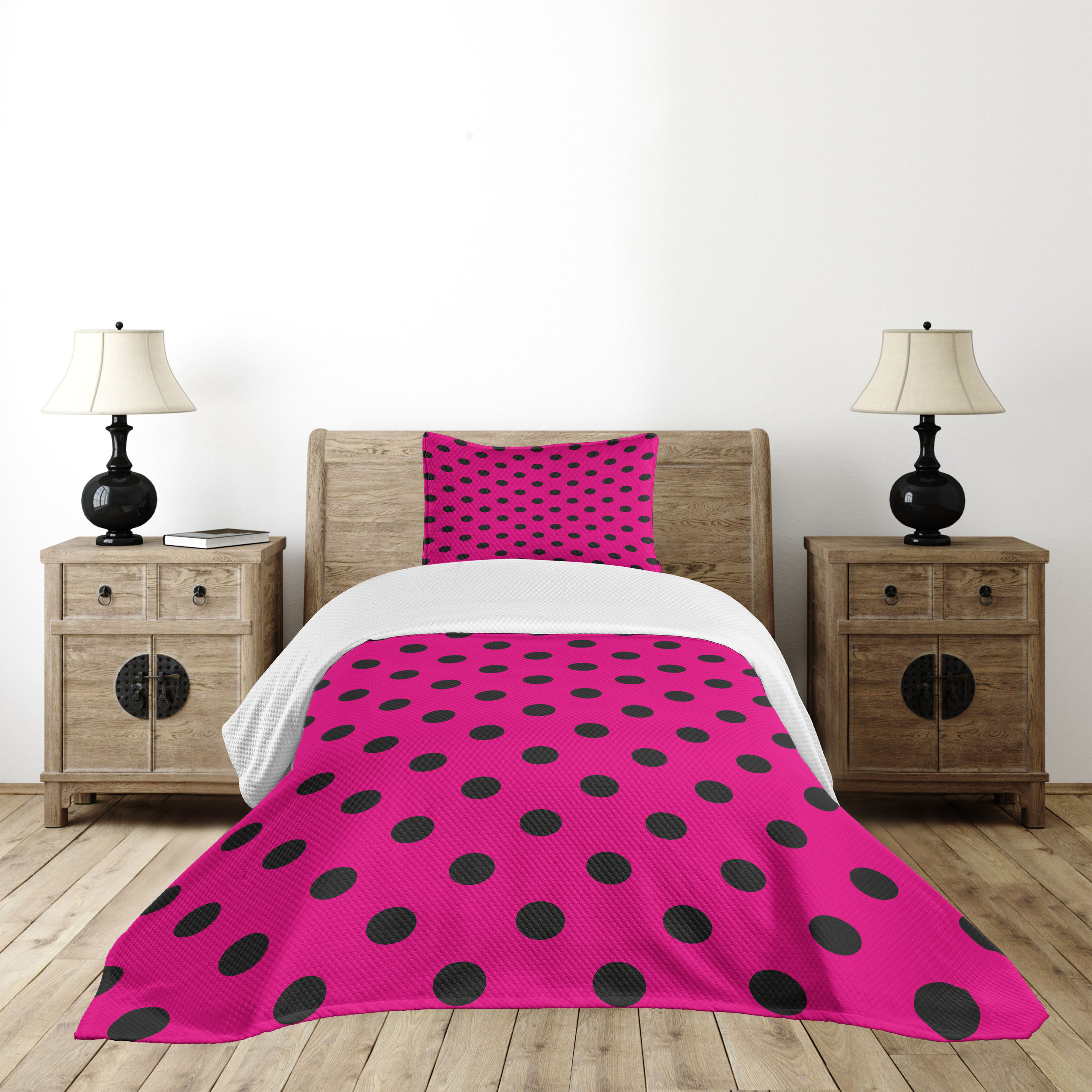 Ambesonne Hot Pink Bedspread Set Pop Art Inspired Dots Hot Pink Black ...