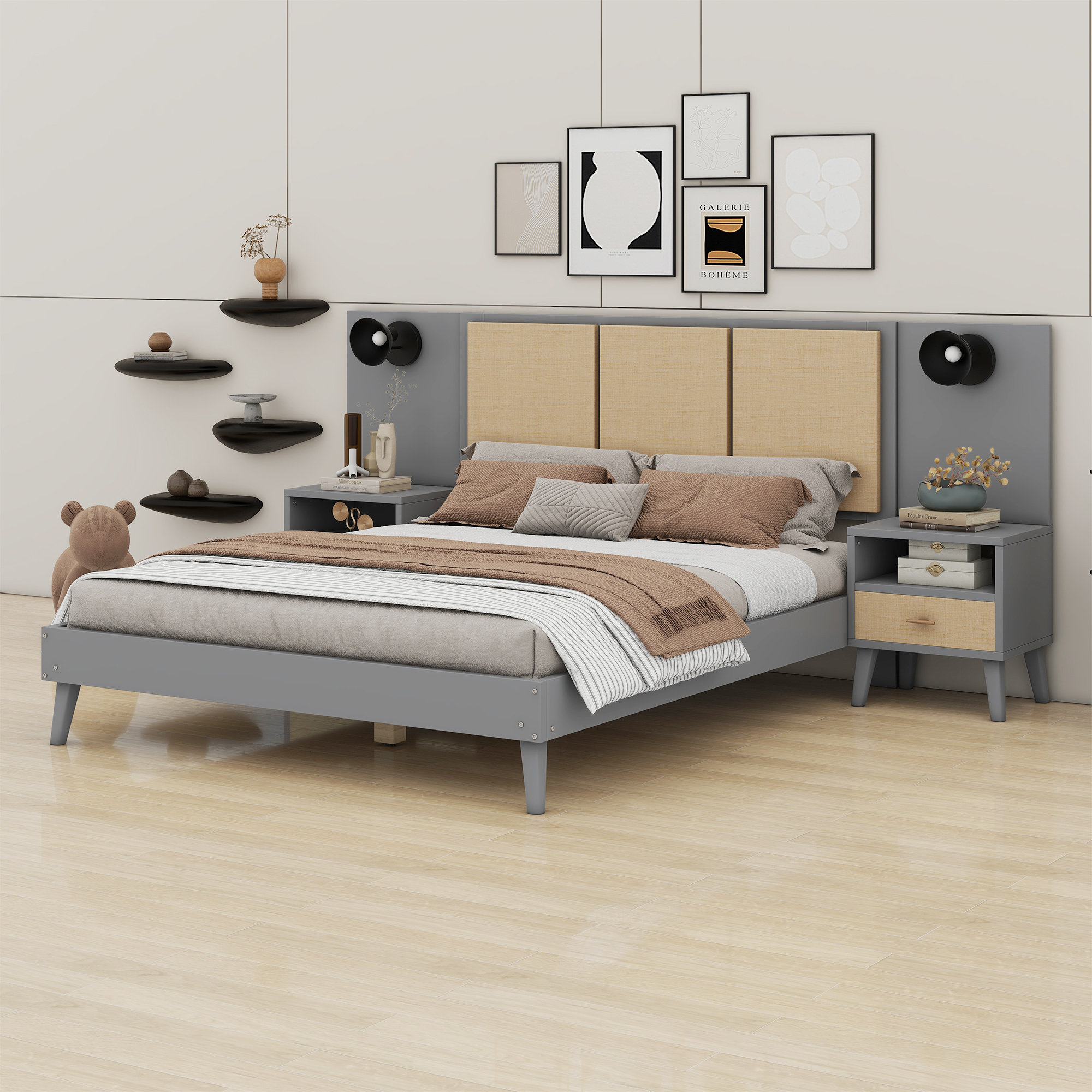 Corrigan Studio Solid Wood Bed Frame With 2 Nightstands, Elegant Design ...