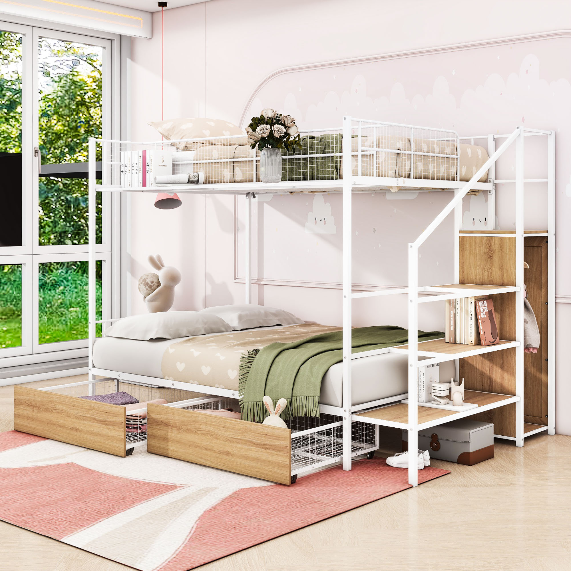 Mason & Marbles Boxrah Twin Over Full Metal Bunk Bed With Storage Stair ...