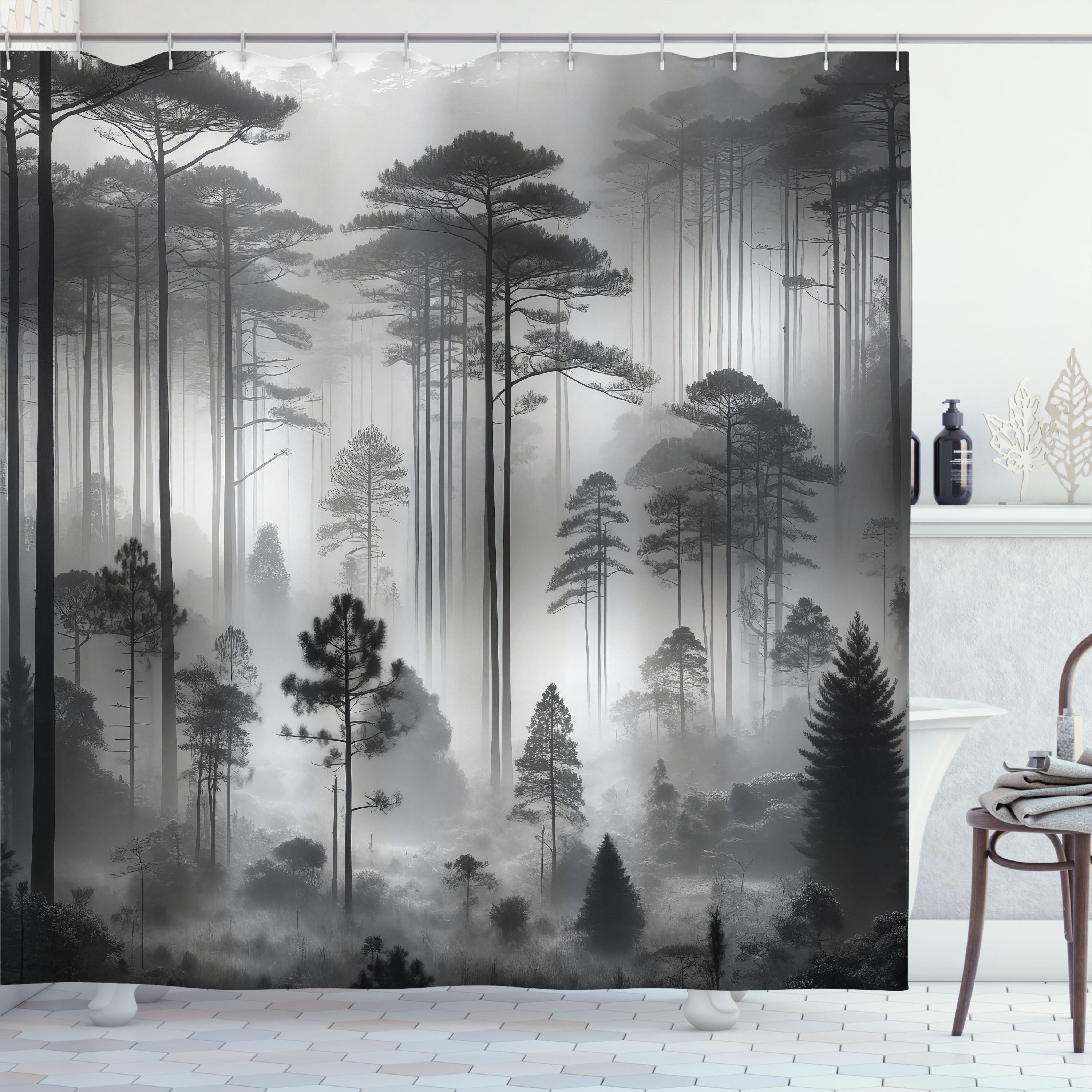 East Urban Home Black and White Shower Curtain Foggy Woodland Tree in ...