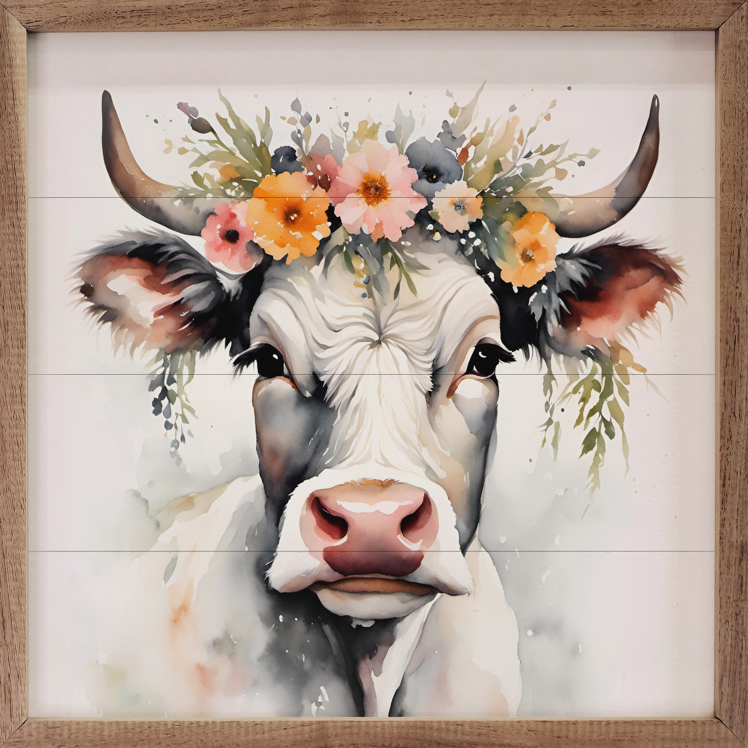 Harper Orchard White Cow With Flower Crown White Framed On Wood | Wayfair