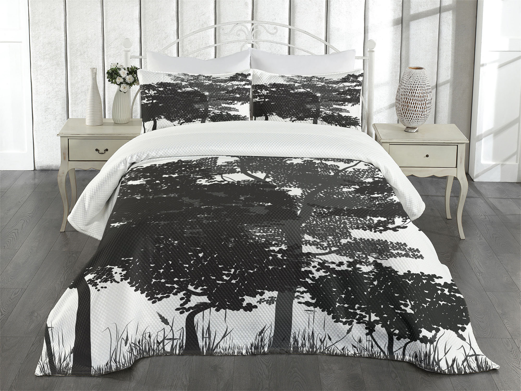 Ambesonne Forest Bedspread Set Deciduous Trees Nature Black Grey White ...