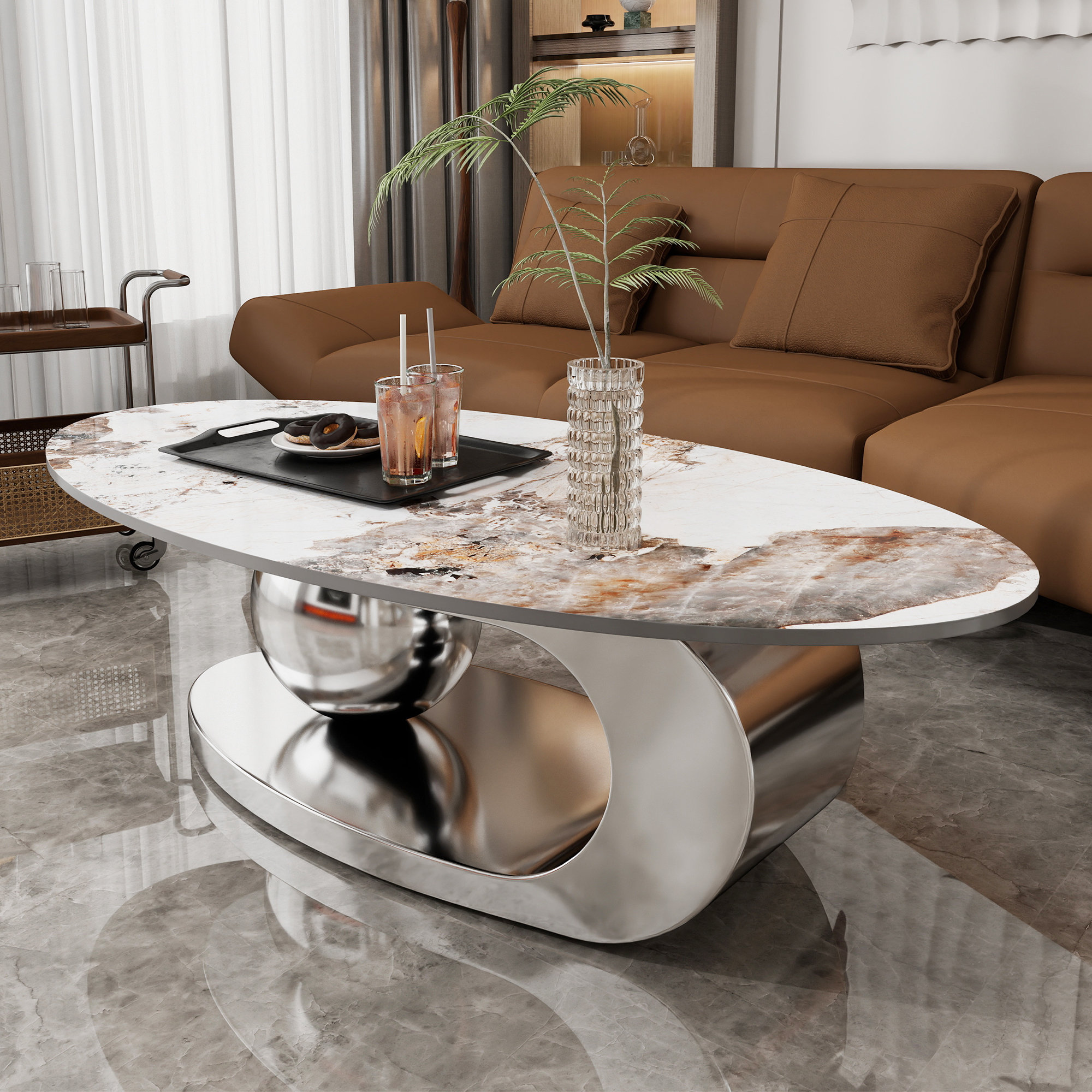 Orren Ellis Marble Texture Coffee Table For Living Room,51" Modern Oval ...