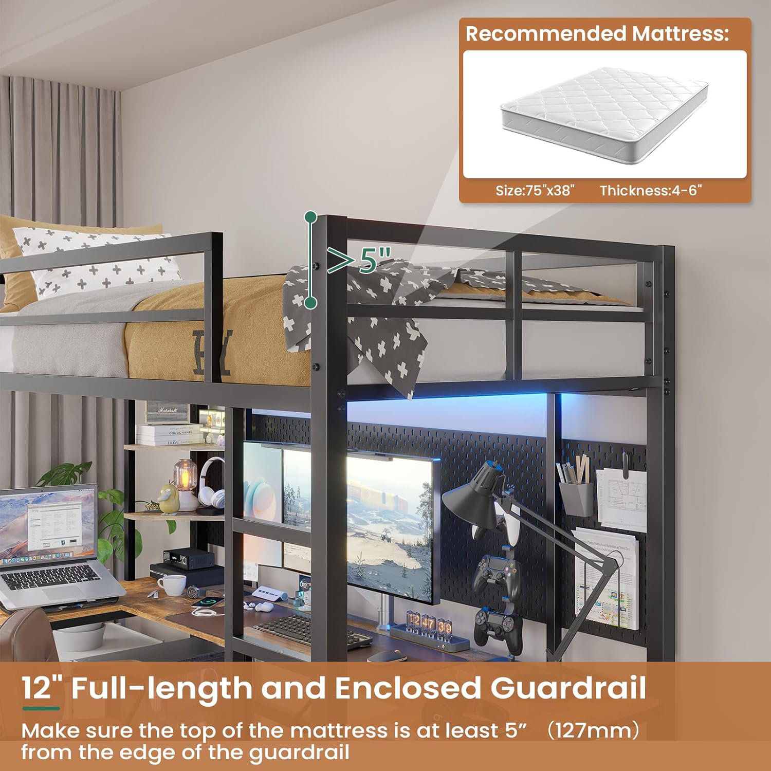 Mason & Marbles Loft Bed Twin Size With U Shaped Desk And Led Lights ...