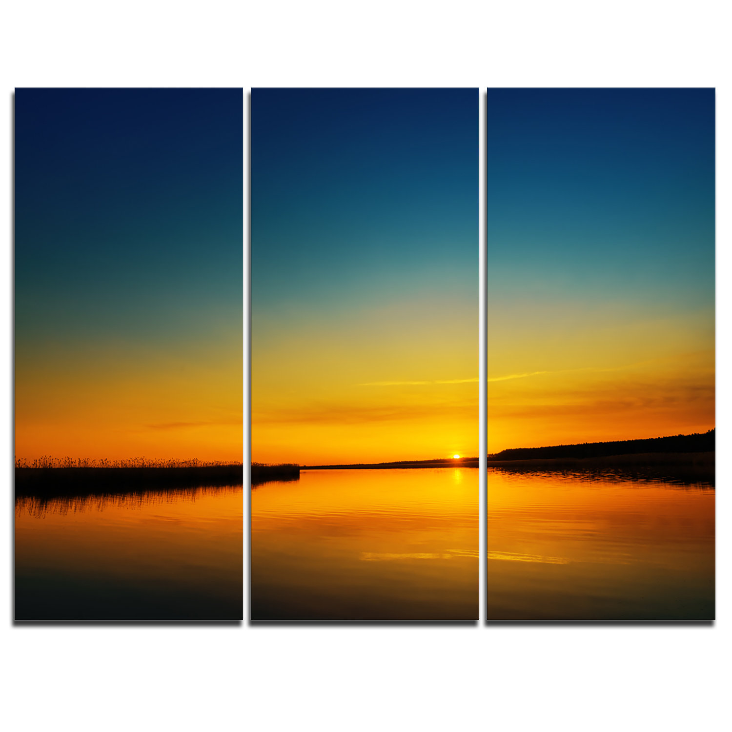 Design Art Orange Sunset Over River - 3 Piece Graphic Art on Wrapped ...
