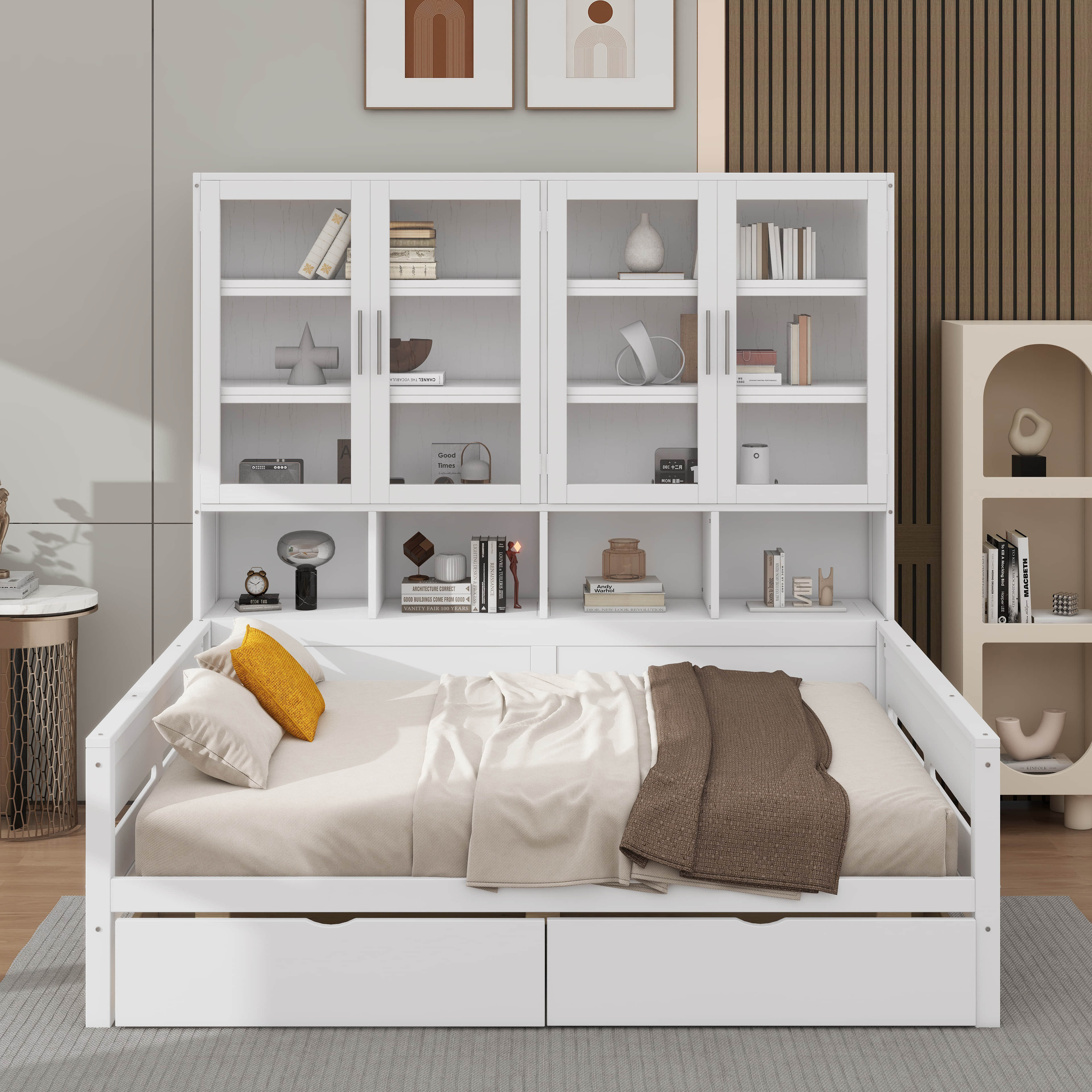 Latitude Run® Full Size Wooden Daybed With Glass-Fronted Storage Units ...
