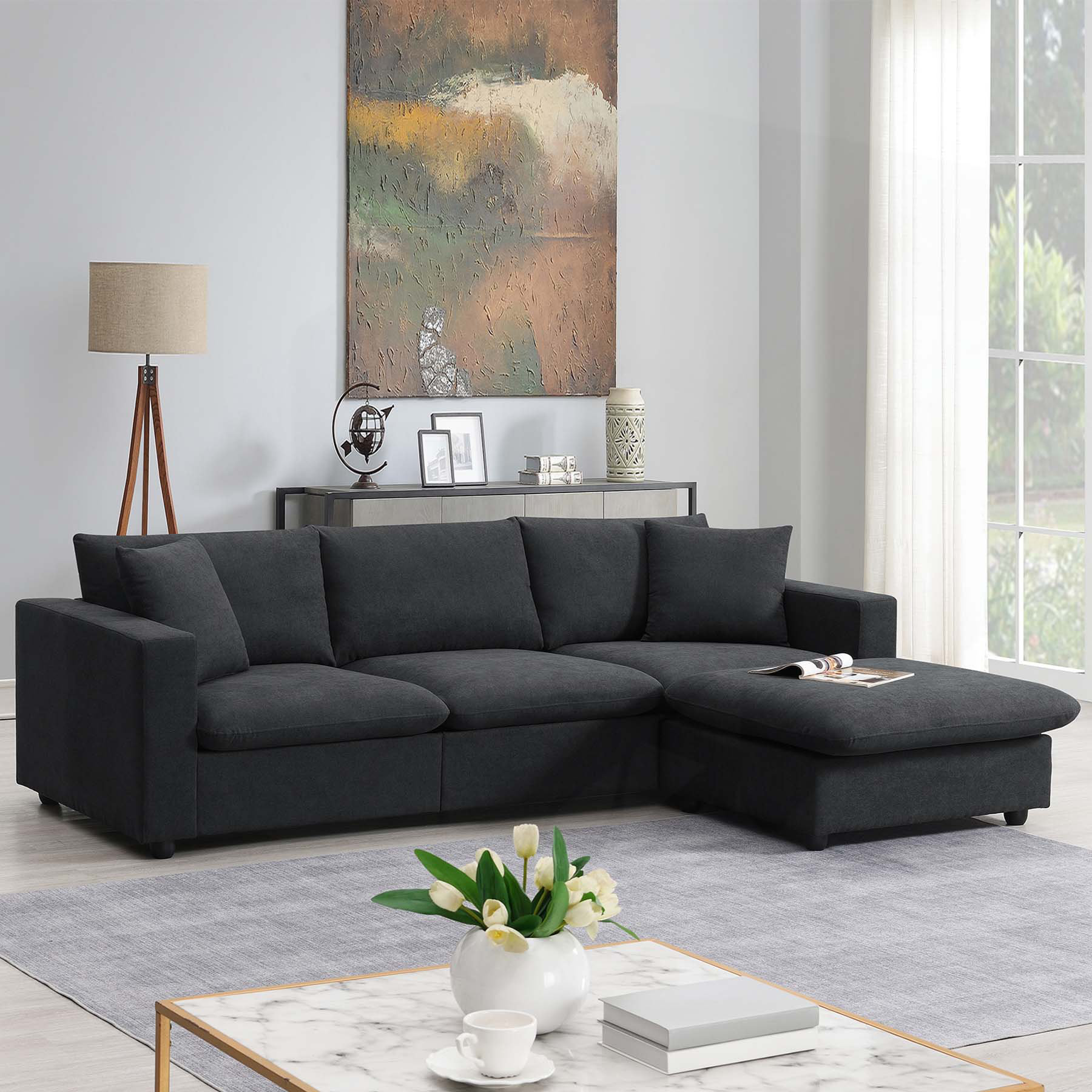 Latitude Run® Comfortable Polyester Sectional Sofa with Movable Ottoman ...