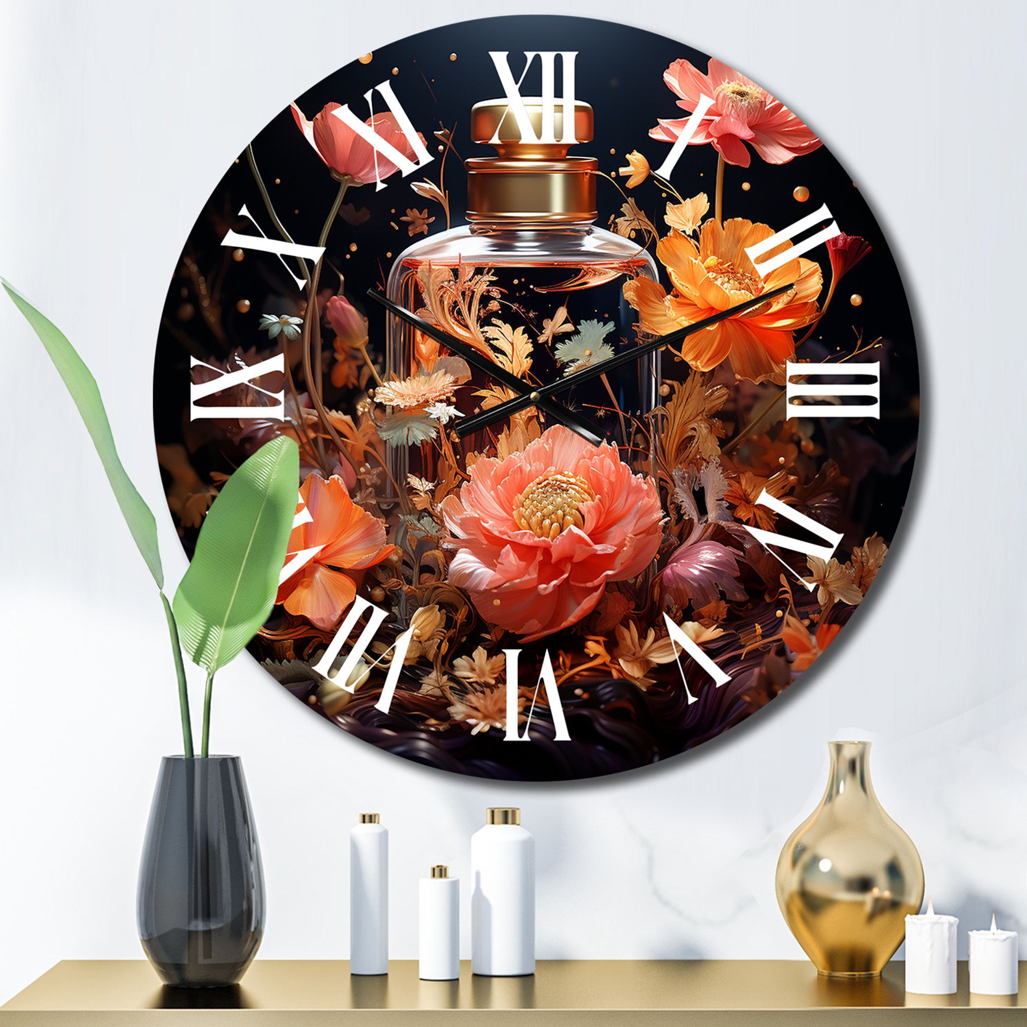 Design Art Perfume Bottle With Pink Blossoming Flowers III Metal Wall ...