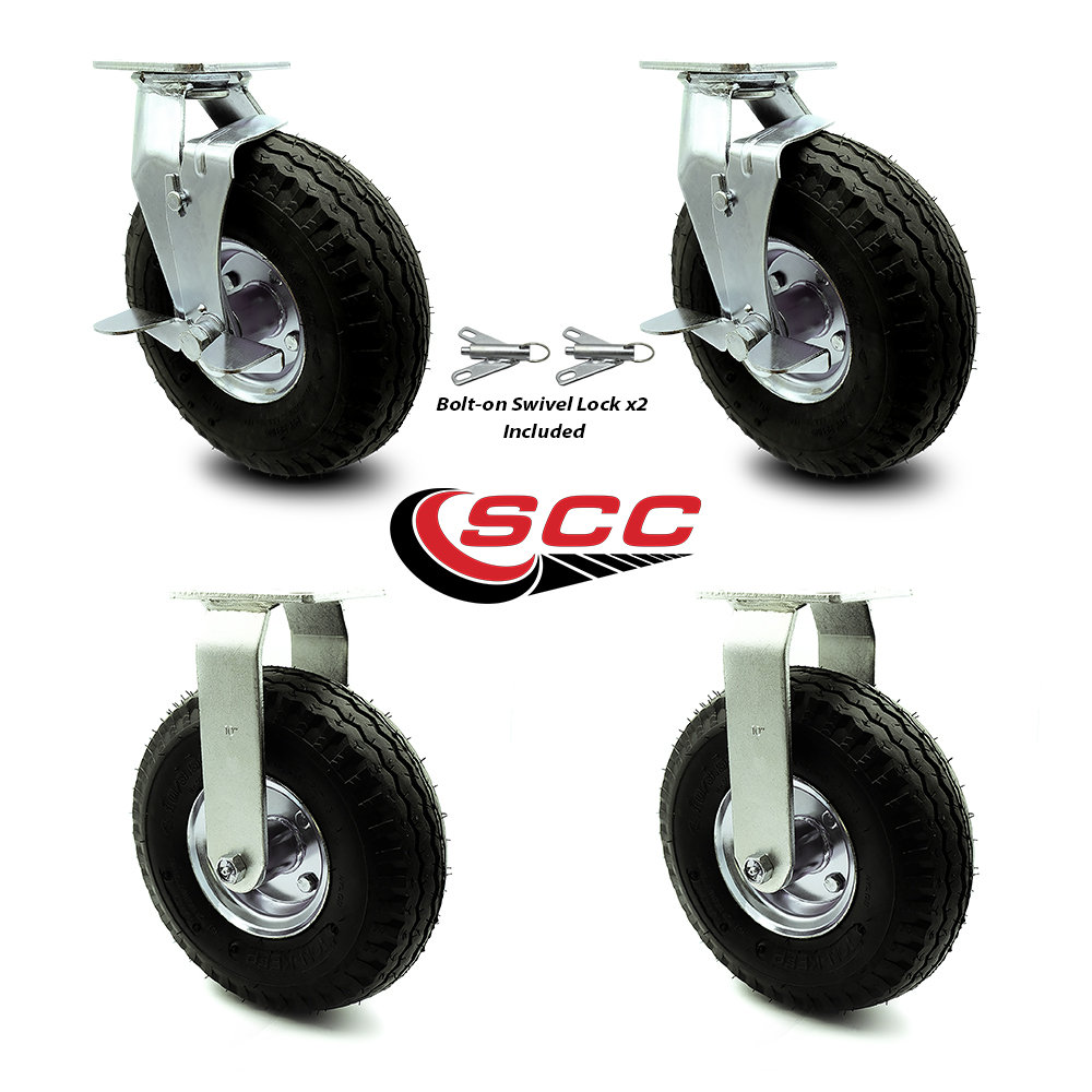 Service Caster 10 Inch Pneumatic Wheel Caster Set 2 Swivel with Brake ...