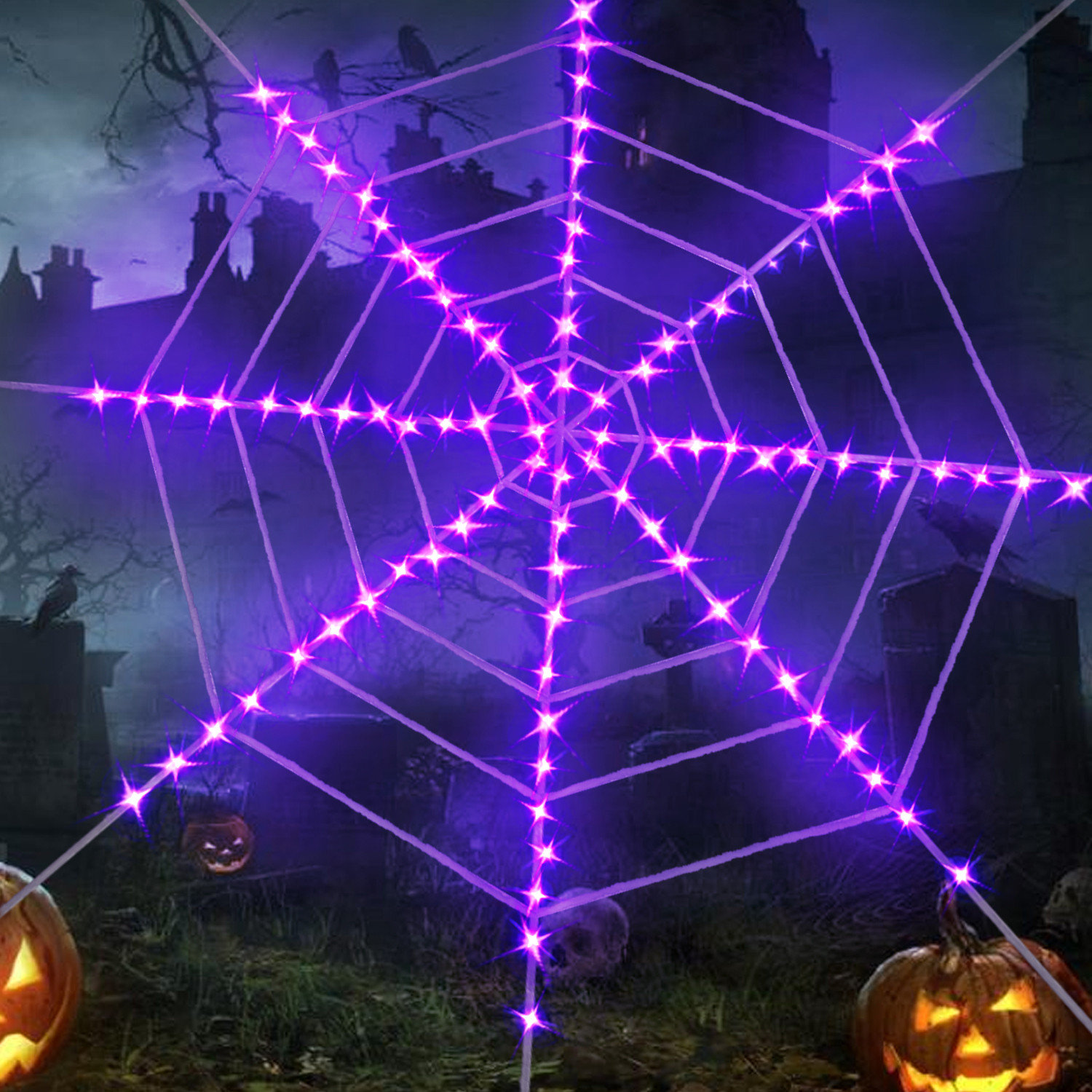 The Holiday Aisle® Halloween 144 LED Purple Spider Web Lights, Light up ...