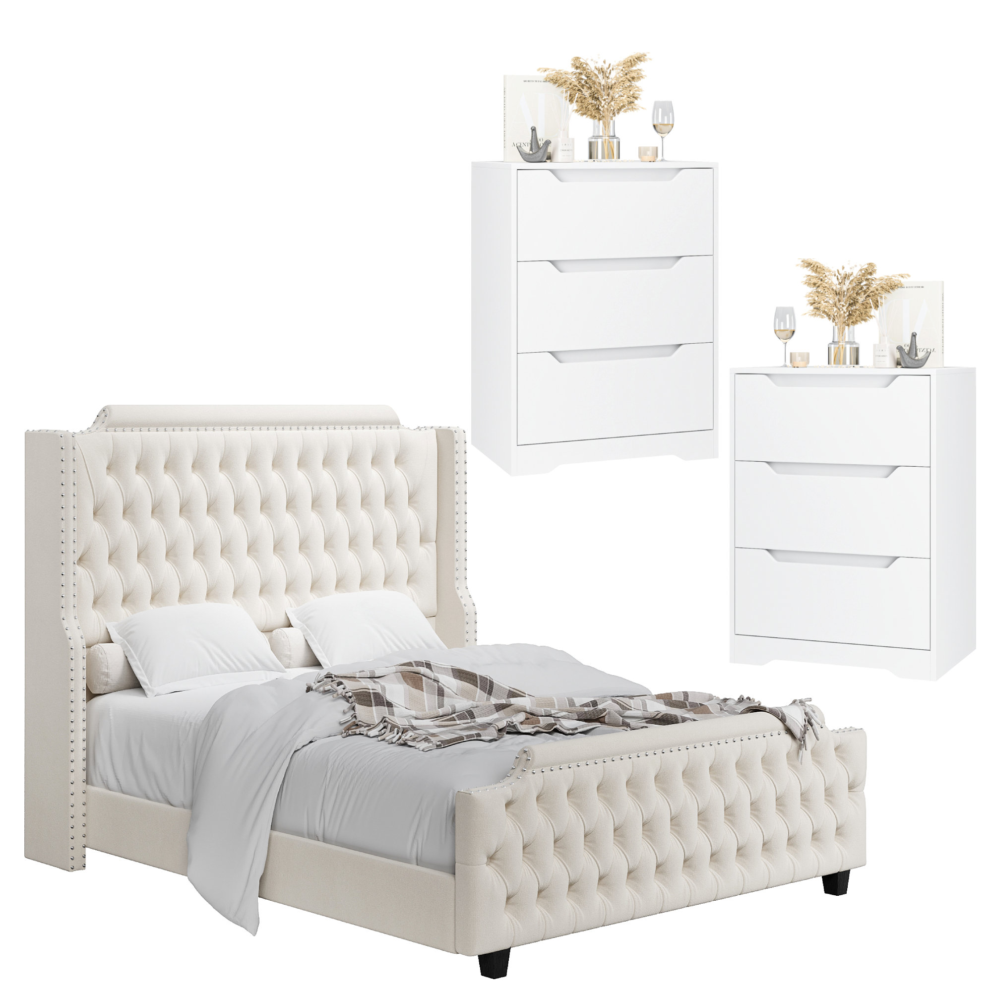 Winston Porter 3-Piece Bedroom Sets, Off-White Wingback Headboard Tall ...