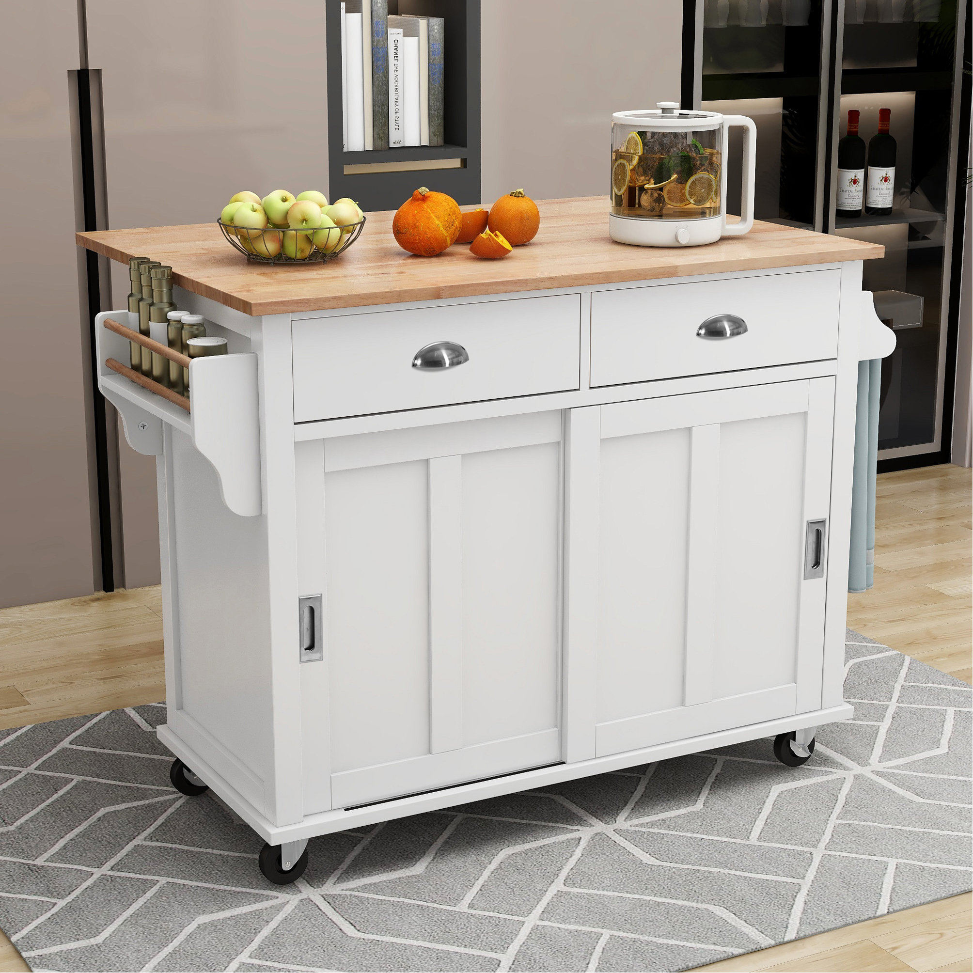 Lark Manor Kitchen Cart With Rubber Wood Drop-Leaf Countertop ...