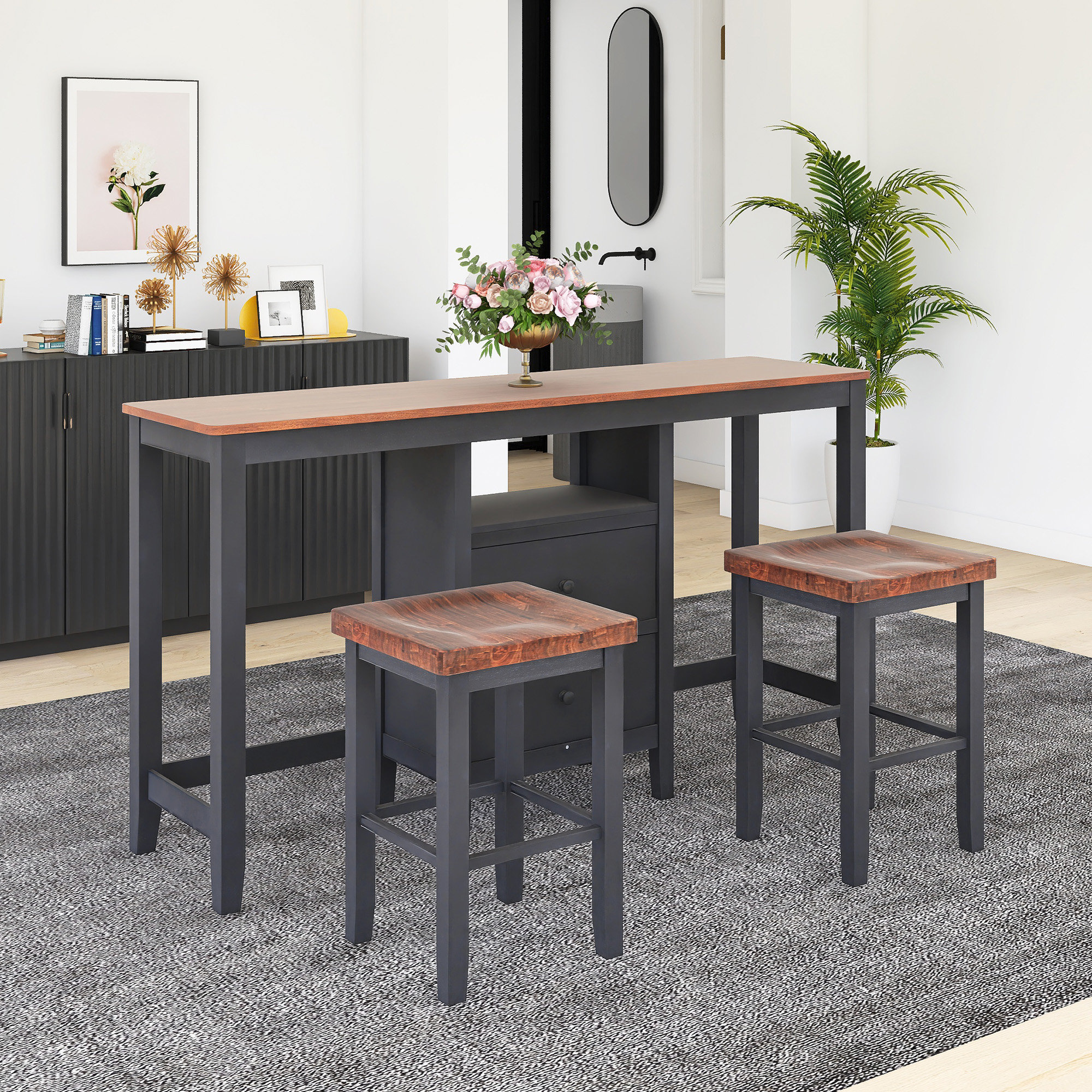 17 Stories Farmhouse Rustic 3-Piece Counter Height Wood Dining Table ...