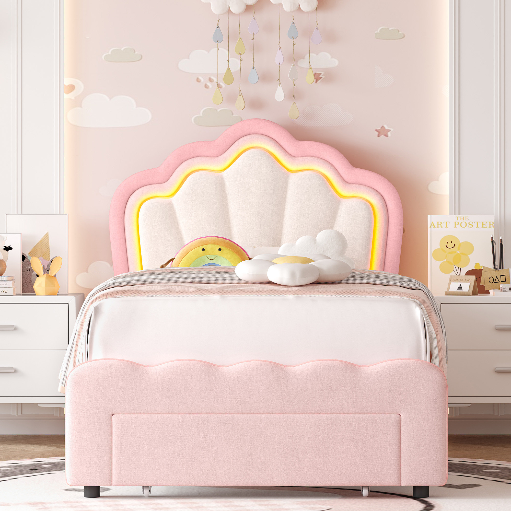 Lark Manor Avalie Upholstered LED Bed with Drawer & Adjustable ...