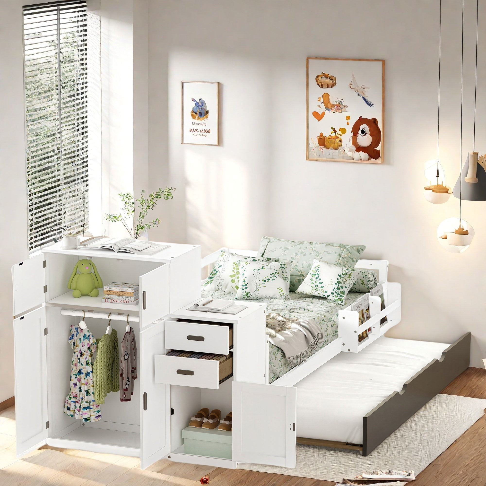 Lark Manor™ Wood Platform Bed With Sample Bookshelf, Movable Wardrobe ...