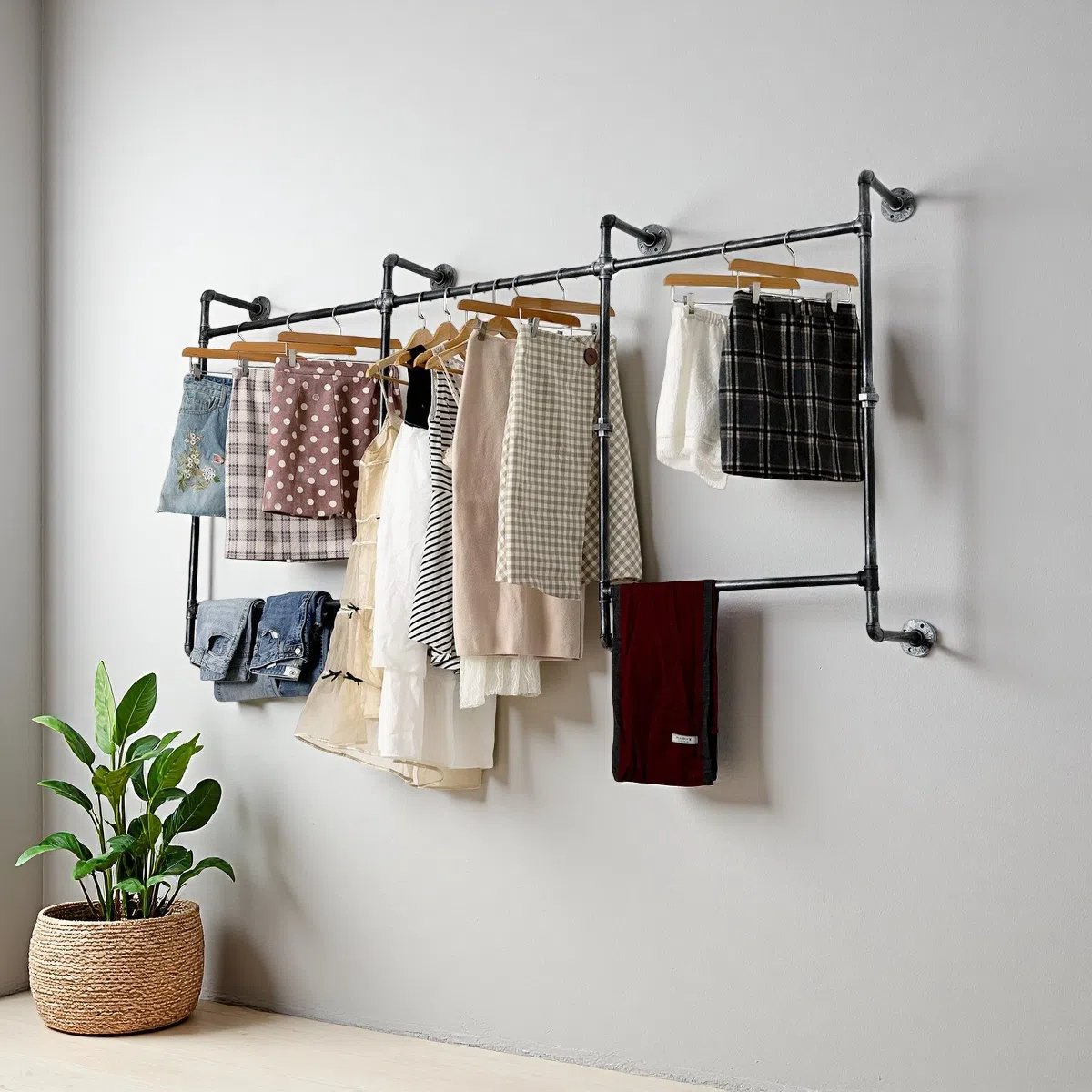 Rebrilliant Industrial Pipe Clothing Racks With Shelves, Wall-Mounted ...