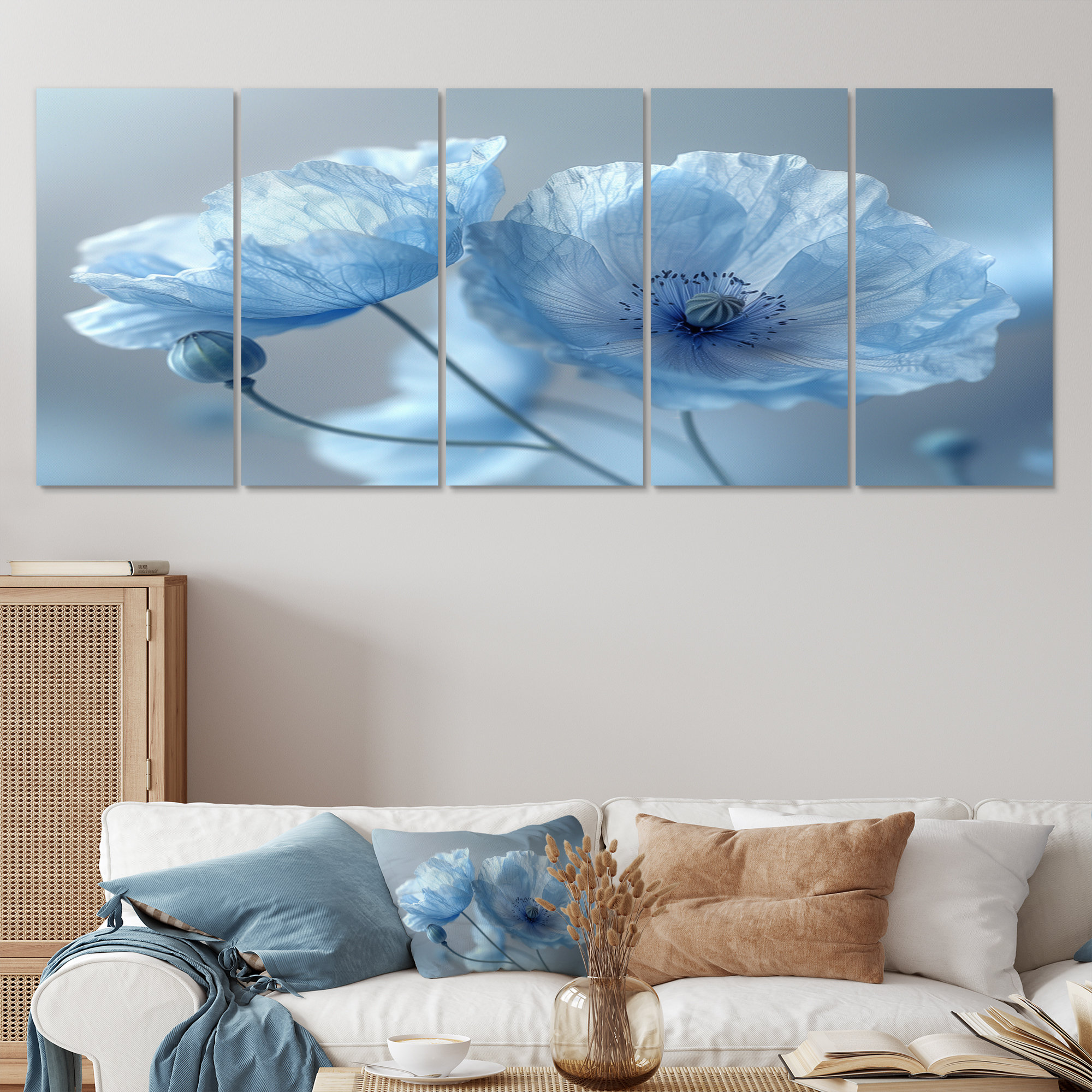 Design Art Blue Grey Ethereal Beauty Poppies I - Poppies Canvas Art Set ...