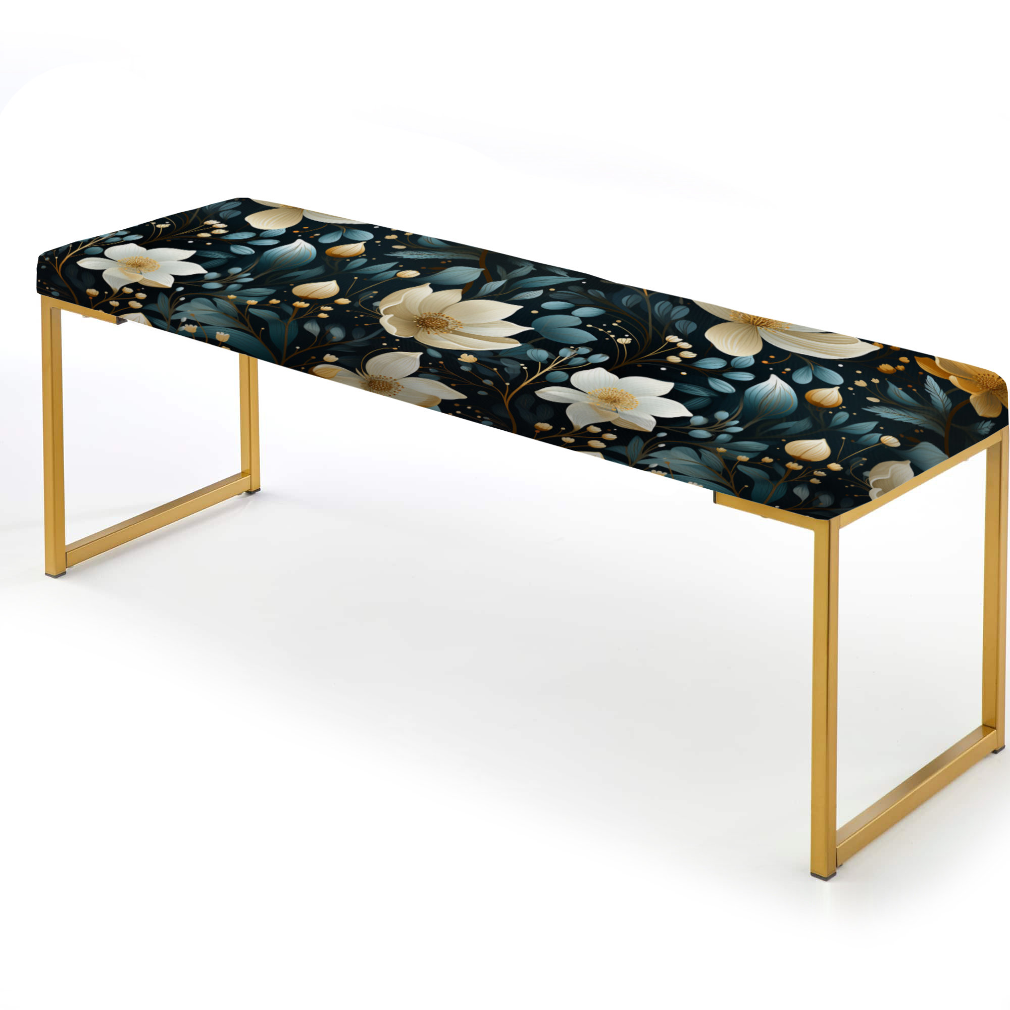 Design Art Mystic White And Teal Aura Floral Gardens - Floral Upholstered Gold Bench | Wayfair