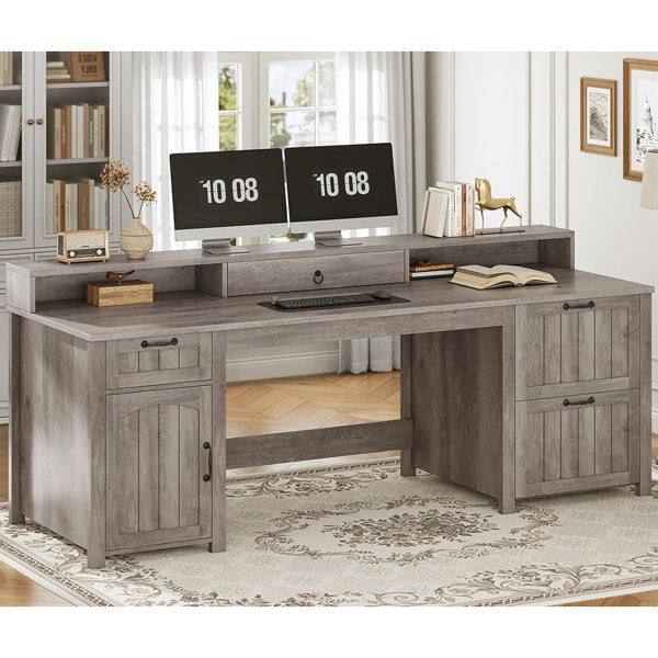 Gracie Oaks Farmhouse 63" Executive Desk, Wood Computer Desk With Dra ...