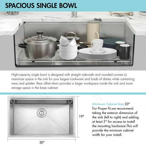 Attop 30'' L X 19'' W Single Bowl Stainless Steel Undermount Kitchen ...