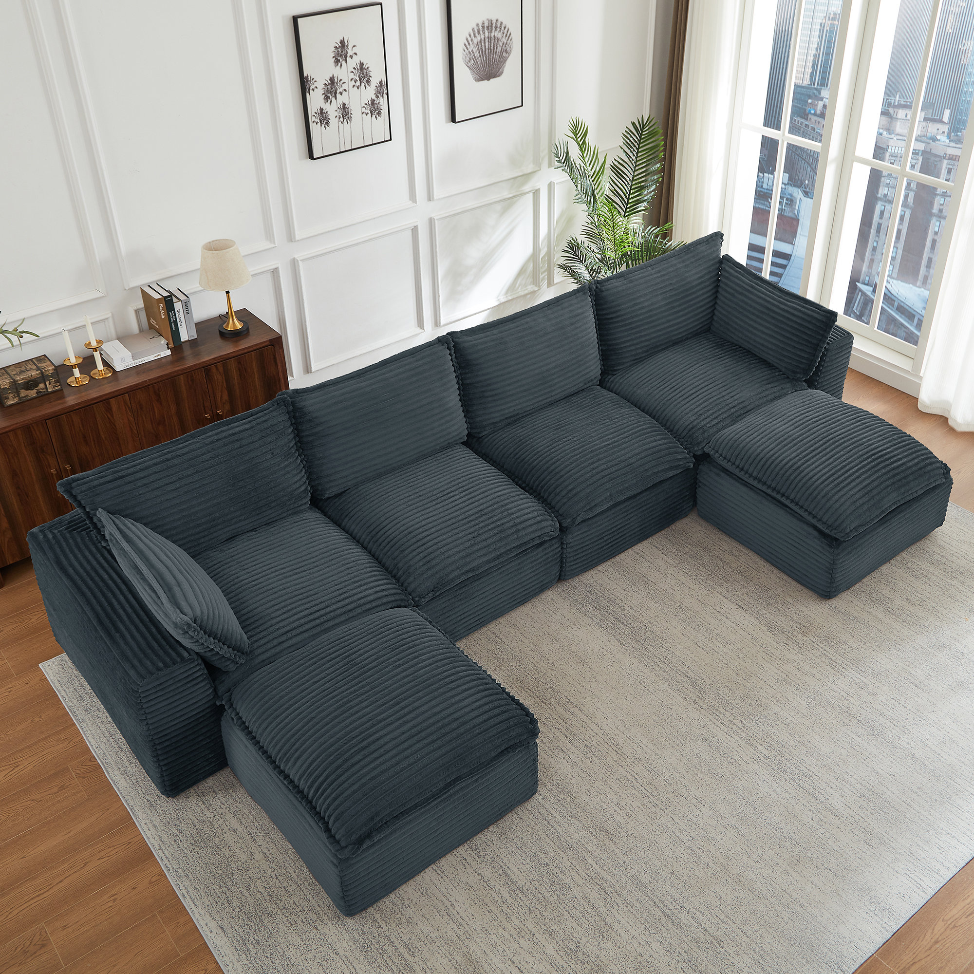 Ivy Bronx Sleek Black Corduroy Cloud Sectional Sofa With Dual Ottomans ...