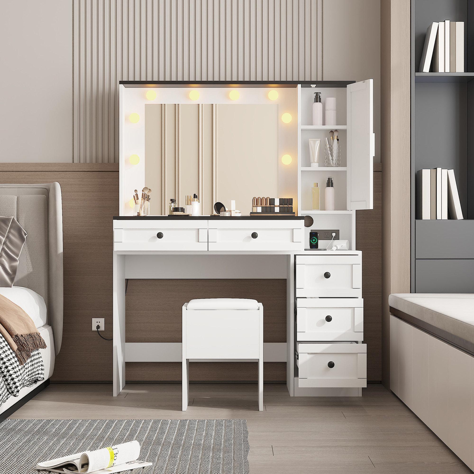 Gracie Oaks Makeup Vanity Desk with Lighted Mirror, and Cushioned Stool ...