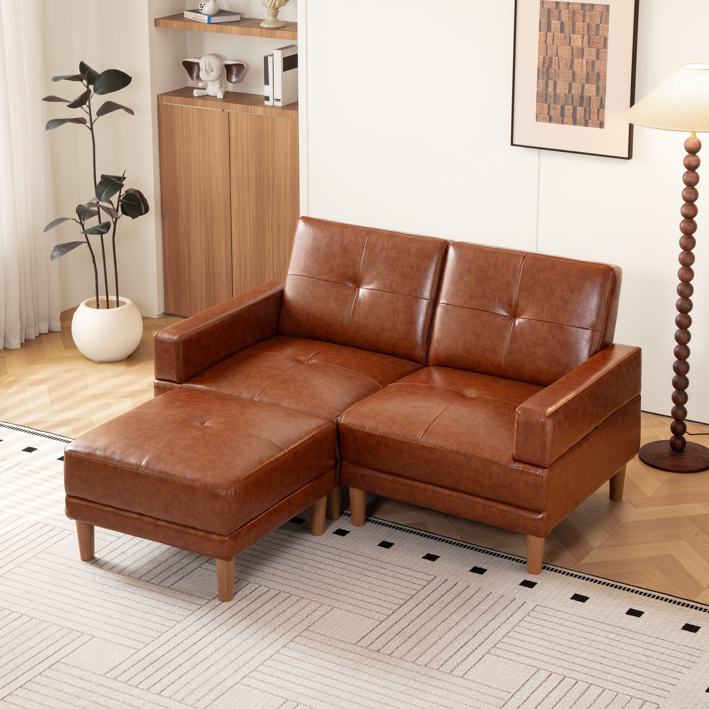 Latitude Run® Mid Century Modern Brown Sofa, 2-seater With Ottoman ...