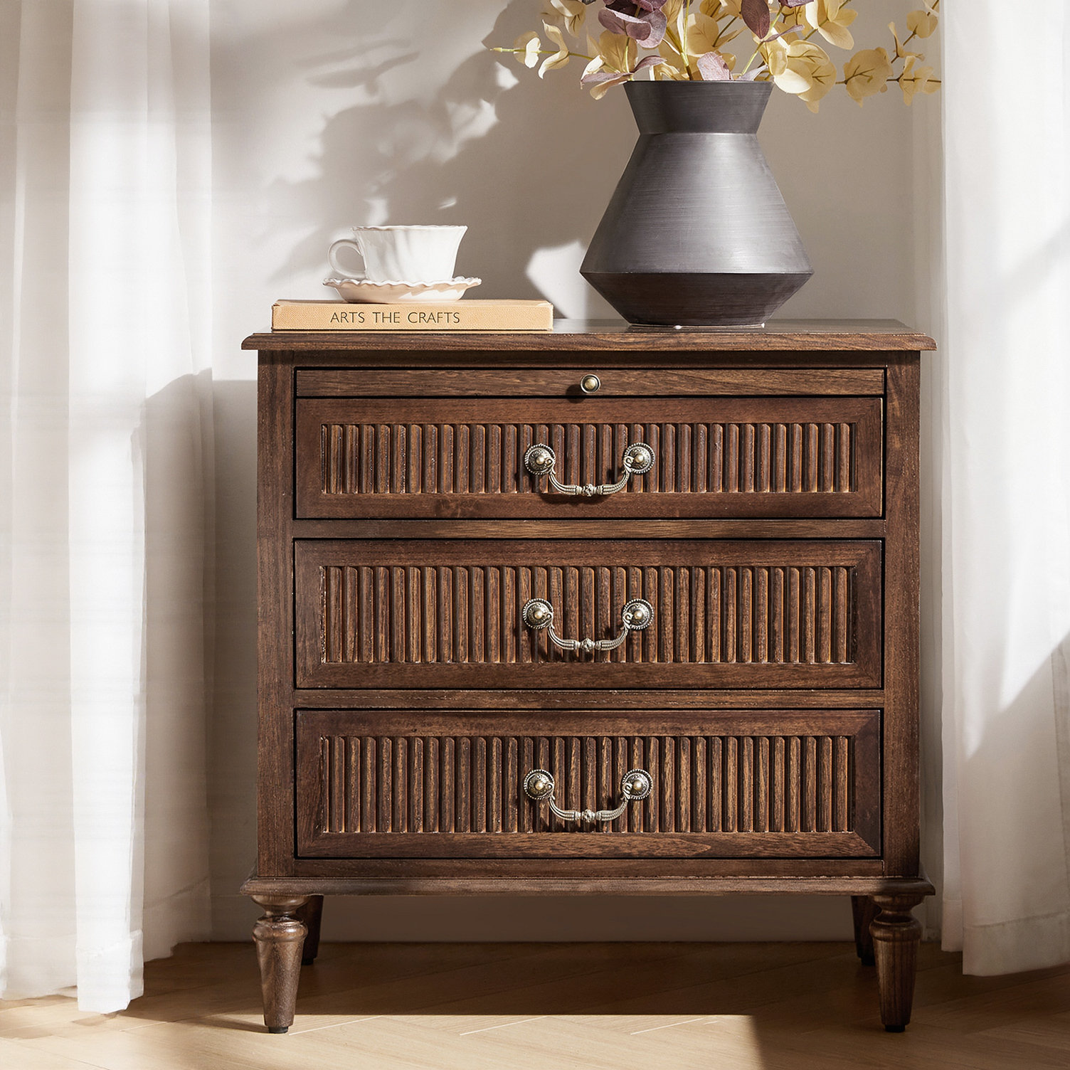 Canora Grey Kaybri Farmhouse 3-Drawer Fluted Solid Wood End Table with ...