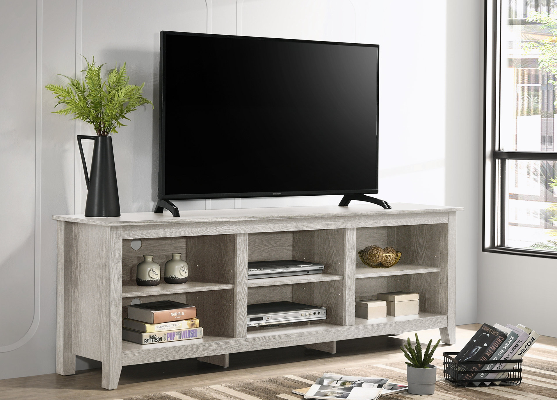 George Oliver Benito Dusty Grey 70" Wide TV Stand with Open Shelves and ...
