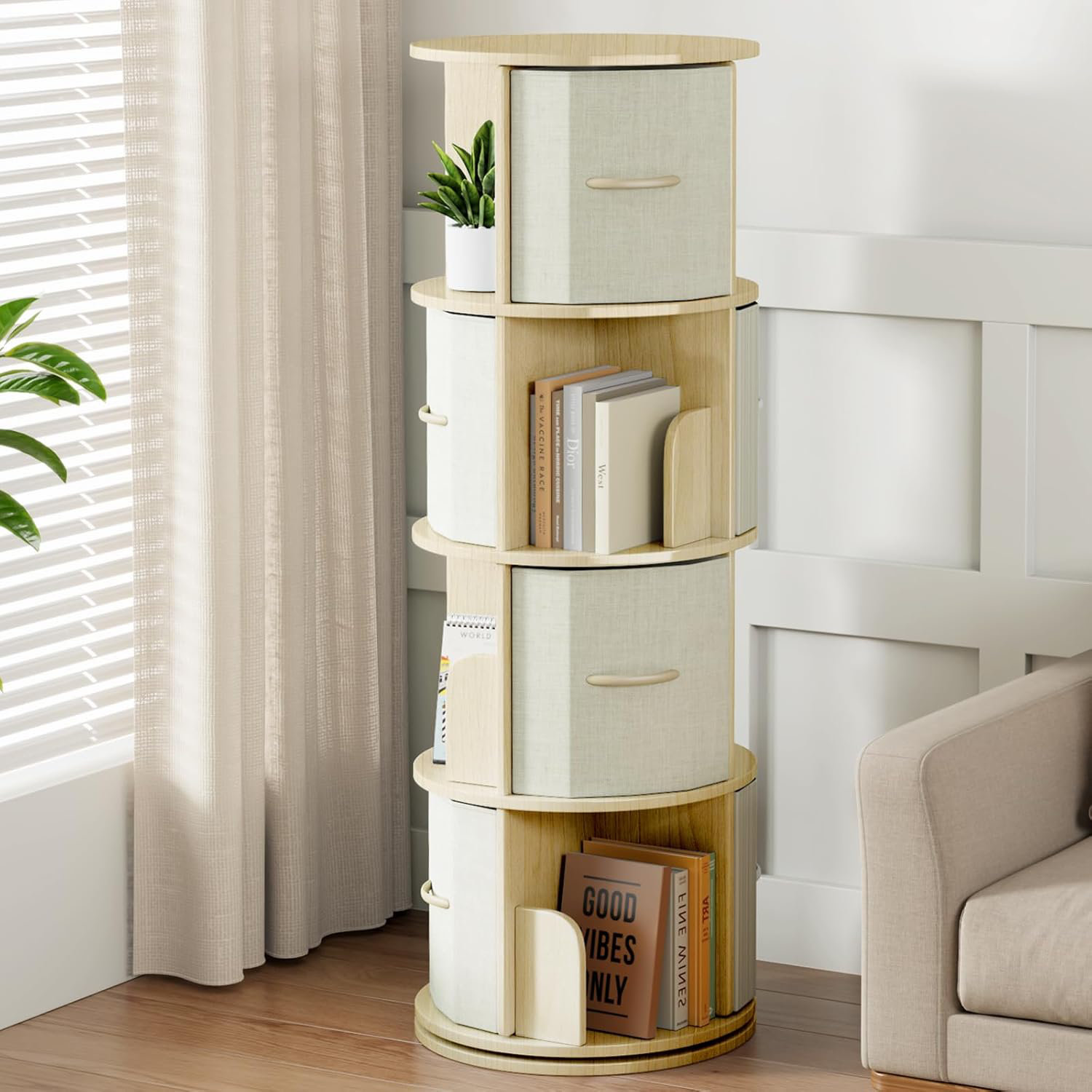 Latitude Run® Rotating Bookshelf - Solid Wood Rotating Bookshelf Tower ...