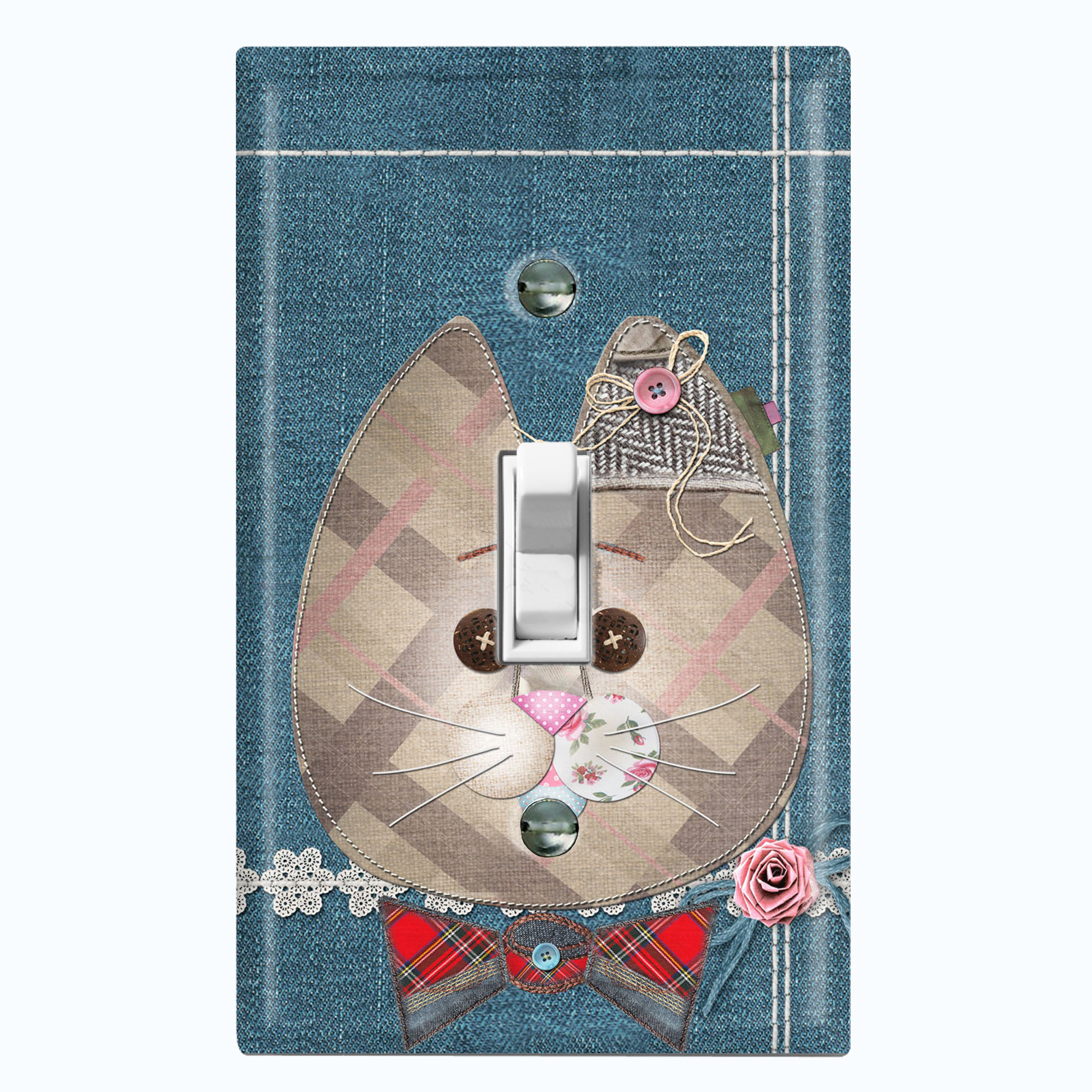 WorldAcc Patchwork Blue Denim Cat Button Plaid 1-Gang Toggle Light ...