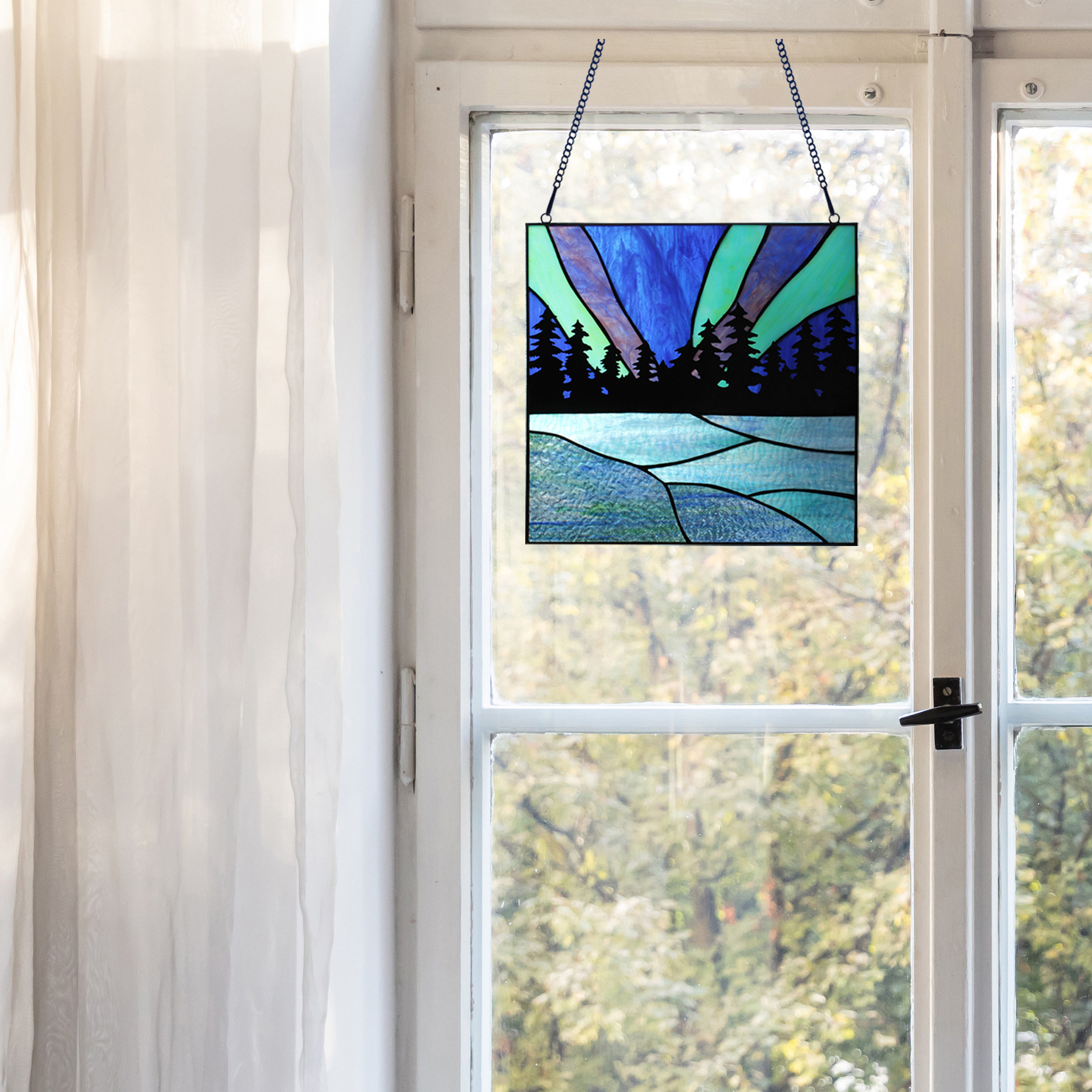 Millwood Pines 12.5"H Elena Northern Lights Lake Stained Glass Window ...